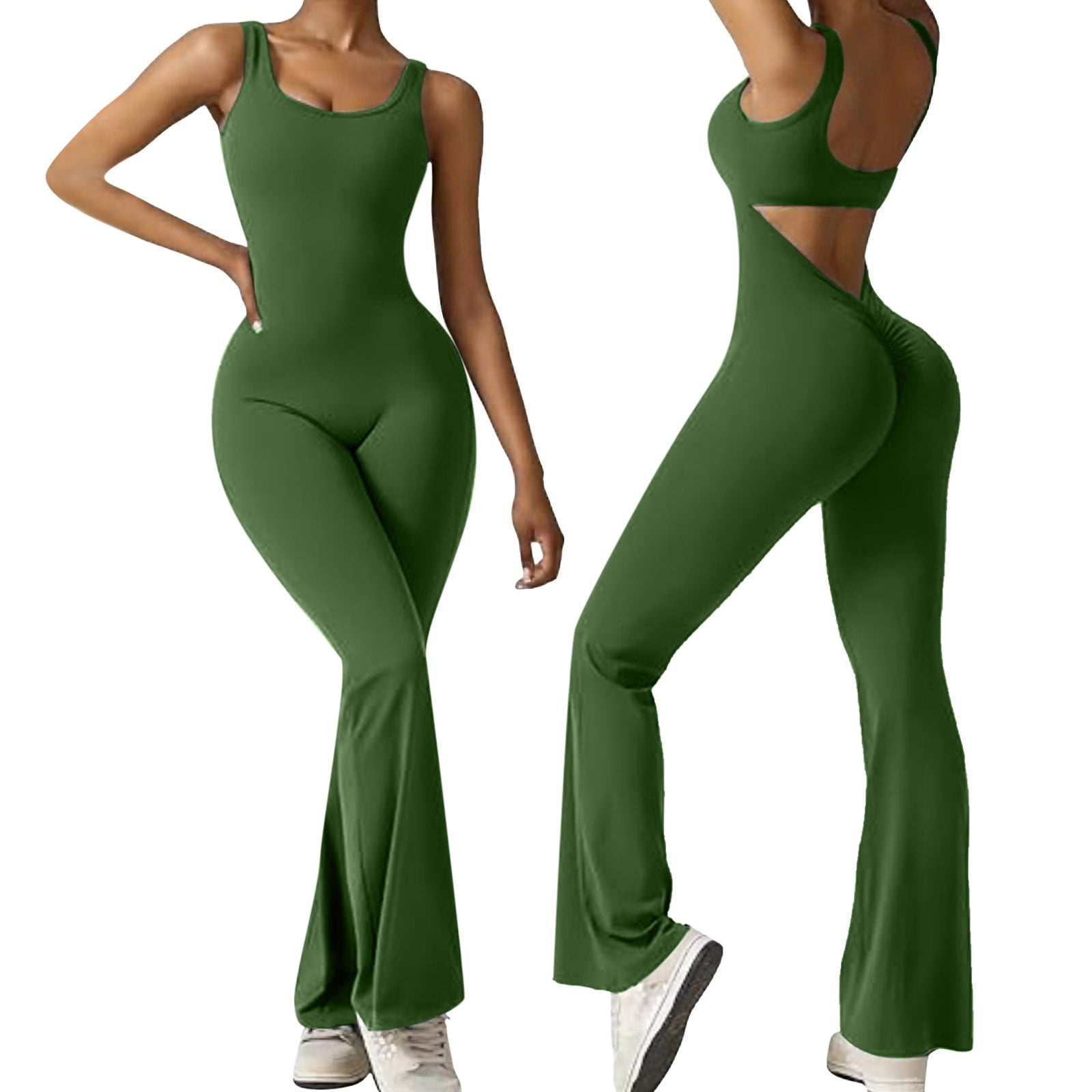 Huanyaaa Womens Scrunch Jumpsuits 2025 Crew Neck Seamless Romper V Back ...