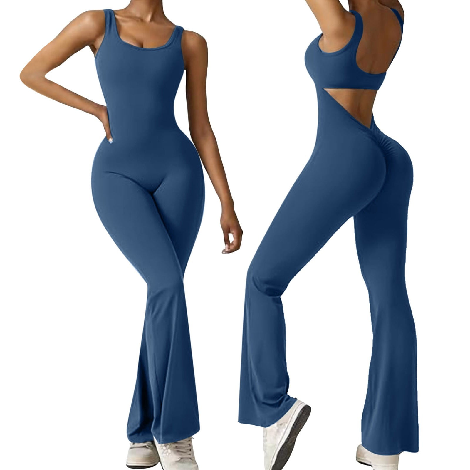 Huanyaaa Womens Scrunch Jumpsuits 2025 Crew Neck Seamless Romper V Back ...