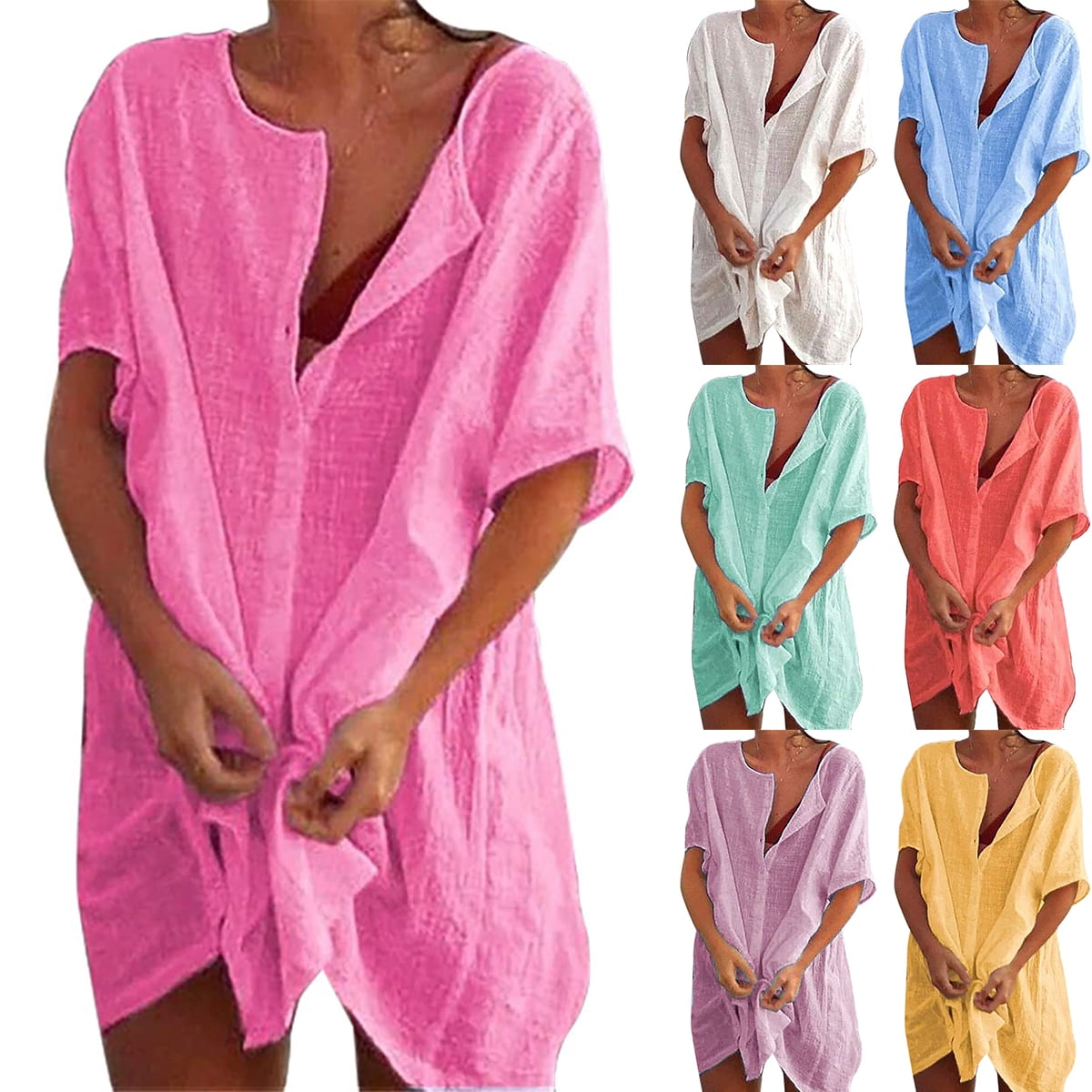 Huanyou Women's Lightweight Swimwear Cover-Up, Pink, Polyester, Button ...
