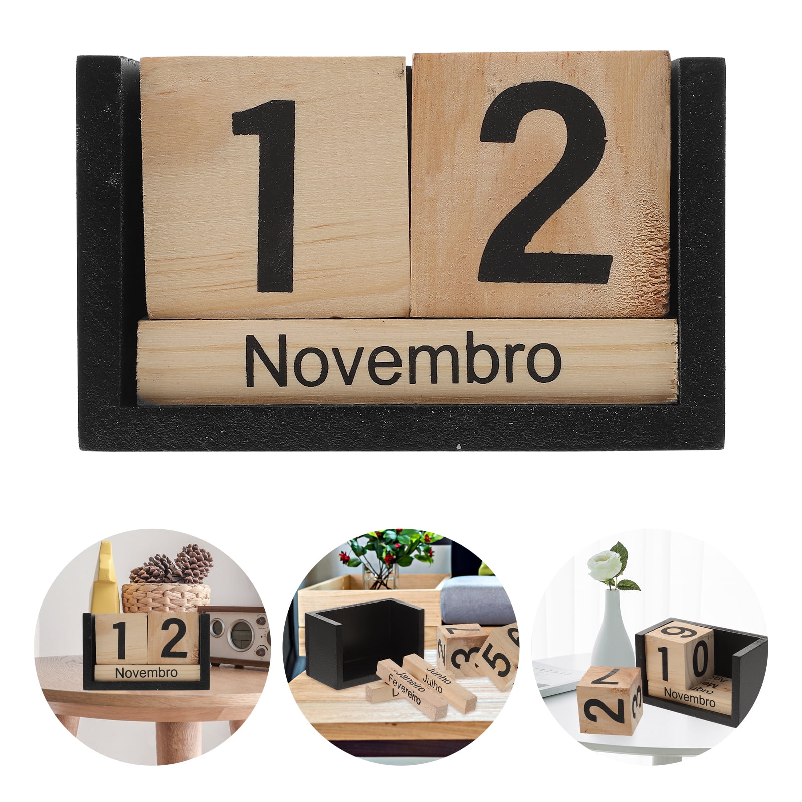 Moluckfu 1 Set Retro Style Wood Calendar Block Natural Wood Month ...