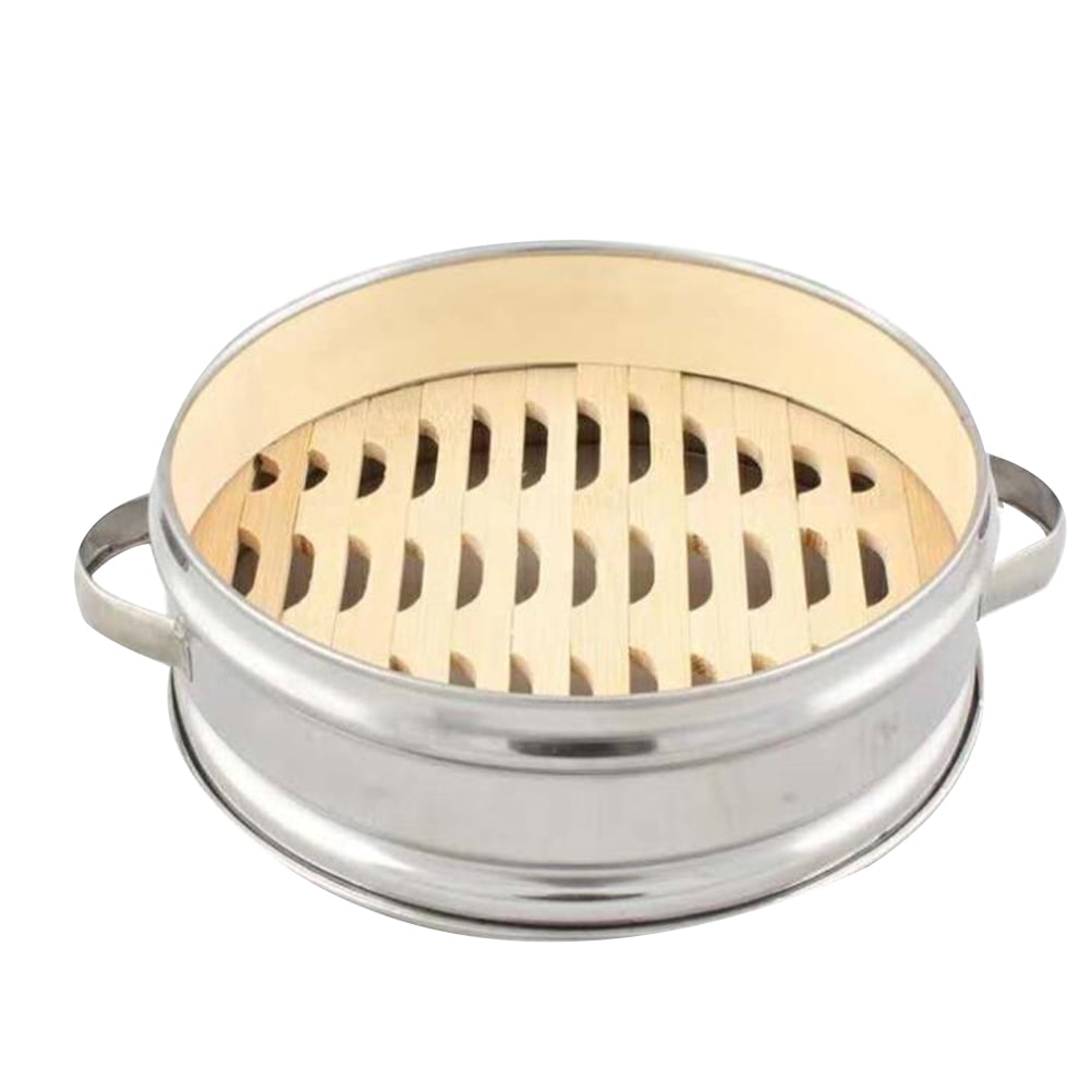 OUNONA Khaki Metal Food Steamer Basket with Bamboo Bottom and AntiHot ...