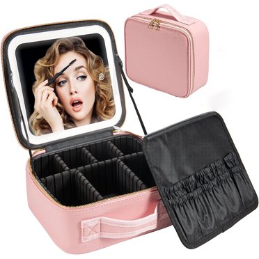 KIPOZI Makeup Bag with LED Lighted Mirror, Cosmetic Bag with Adjustable ...