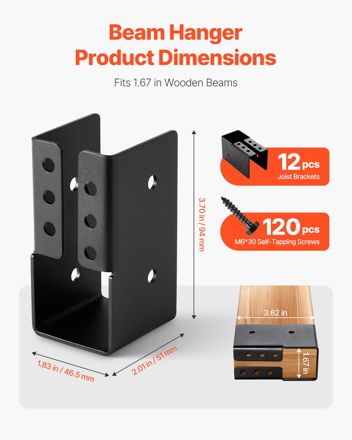 (Huayusheng)-- 12 Pcs Joist Hangers For 1.93x3.62 In / 49x92 Mm Beam ...