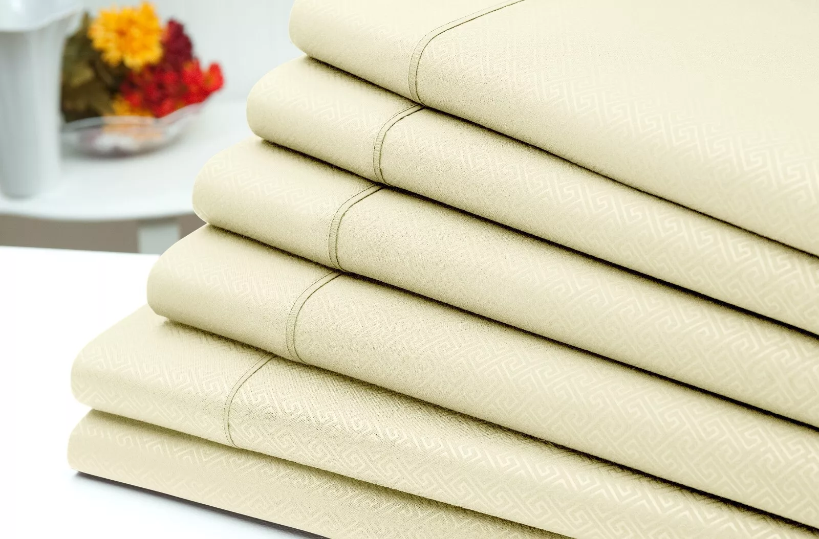 Huba Homes US Army 6 Piece Embossed Greek Key Sheet Set king lvory ...