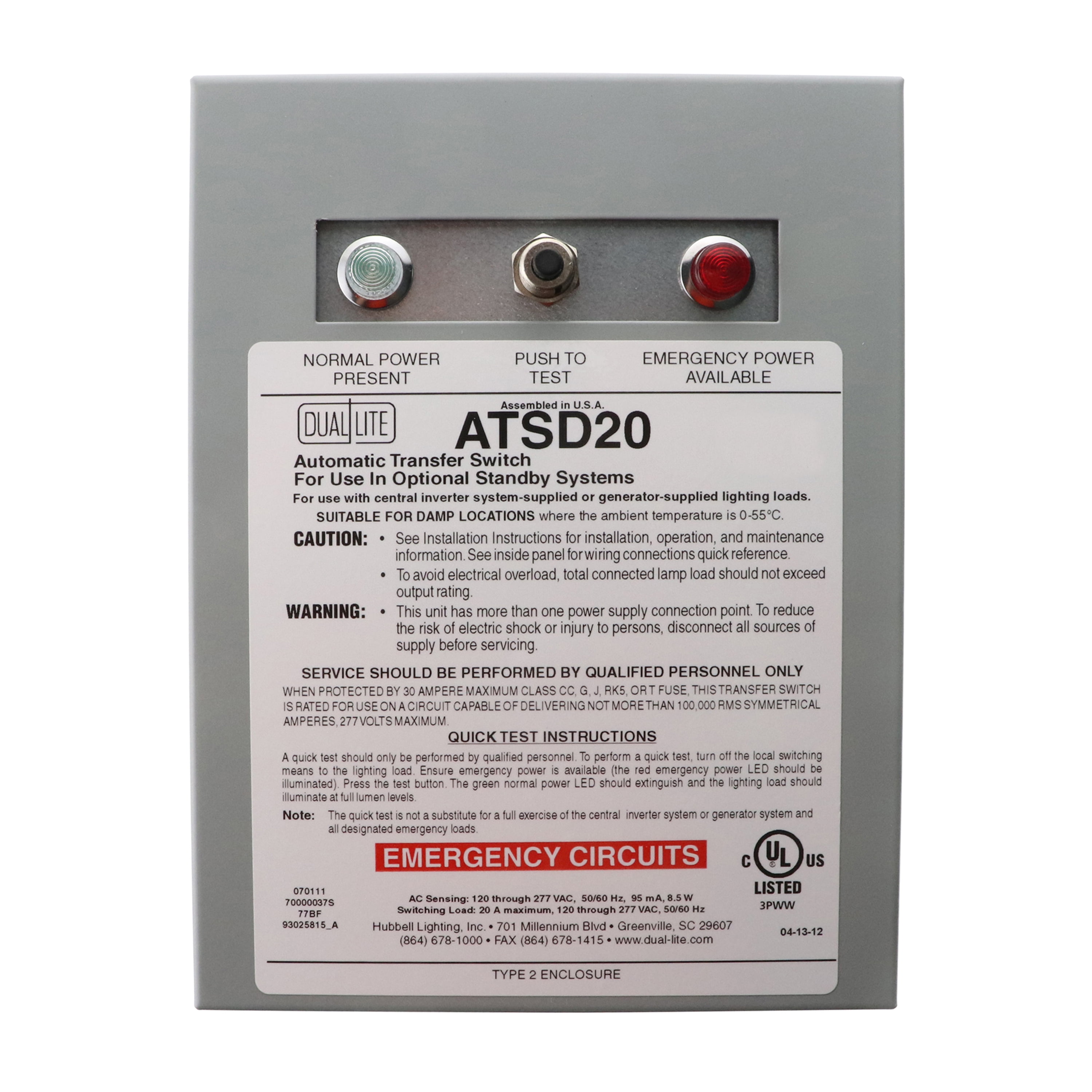 Hubbell Dual-Lite ATSD20 Emergency Lighting Transfer Switch Device, 20 ...