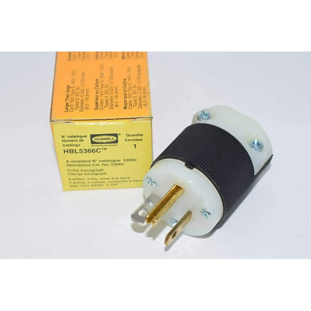 Hubbell HBL5366C Plug, 20 amp, 125V, 5-20P, Black/White(Pack of 10 ...