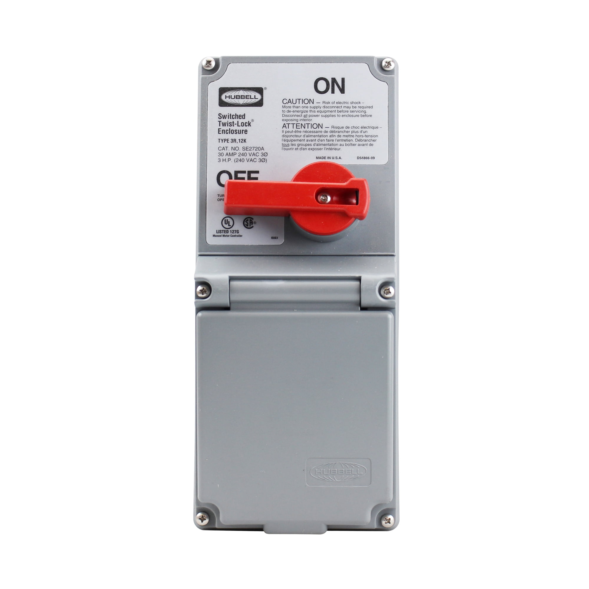 Hubbell SE2720A Switched Enclosure Twist Lock 30A 240VAC 3 Phase 3 HP ...