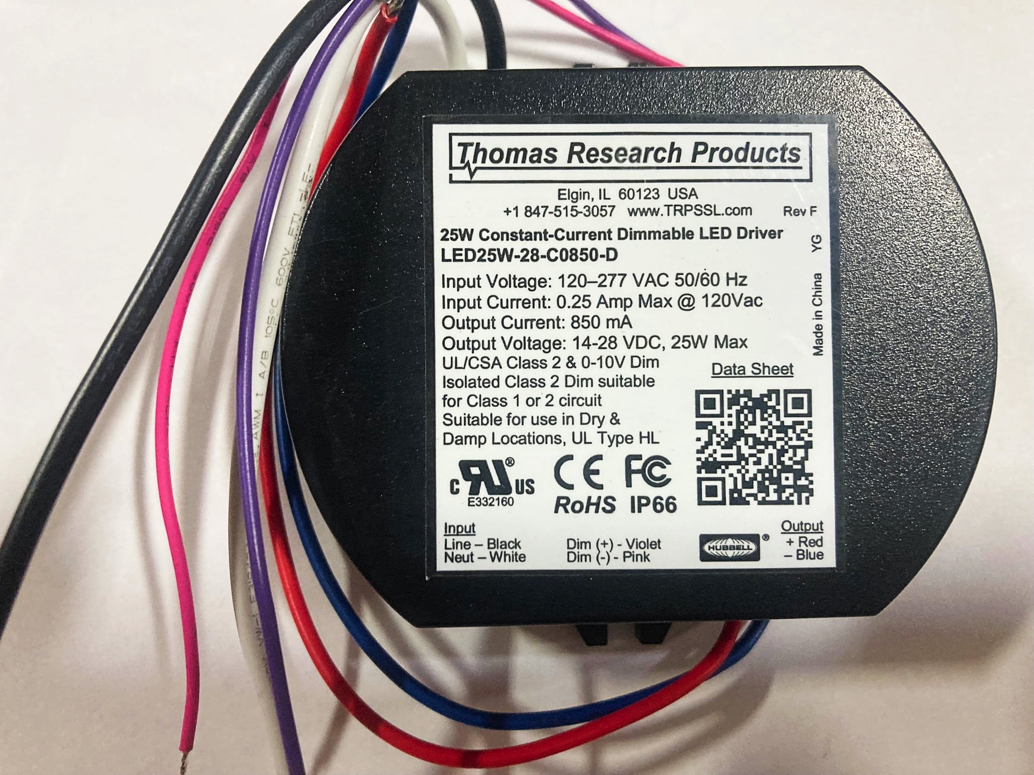 Hubbell Thomas Research Products LED25W-28-C0850-D Constant Current LED Driver, Dimmable, 25 ...