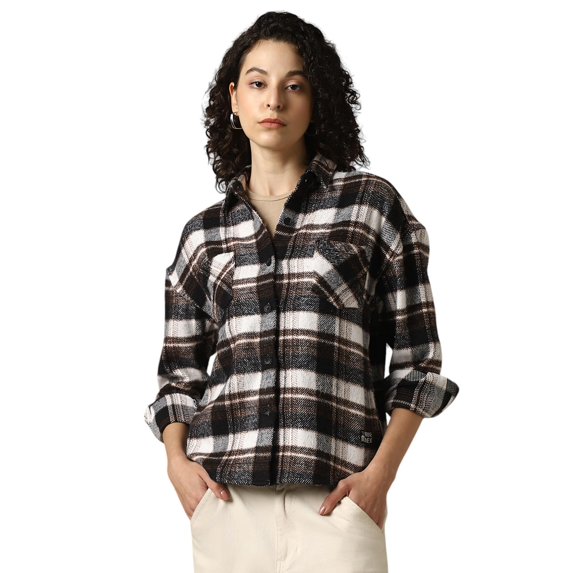 Hubberholme Women Cotton Check Oversized Fit Spread Collar Full Sleeves ...