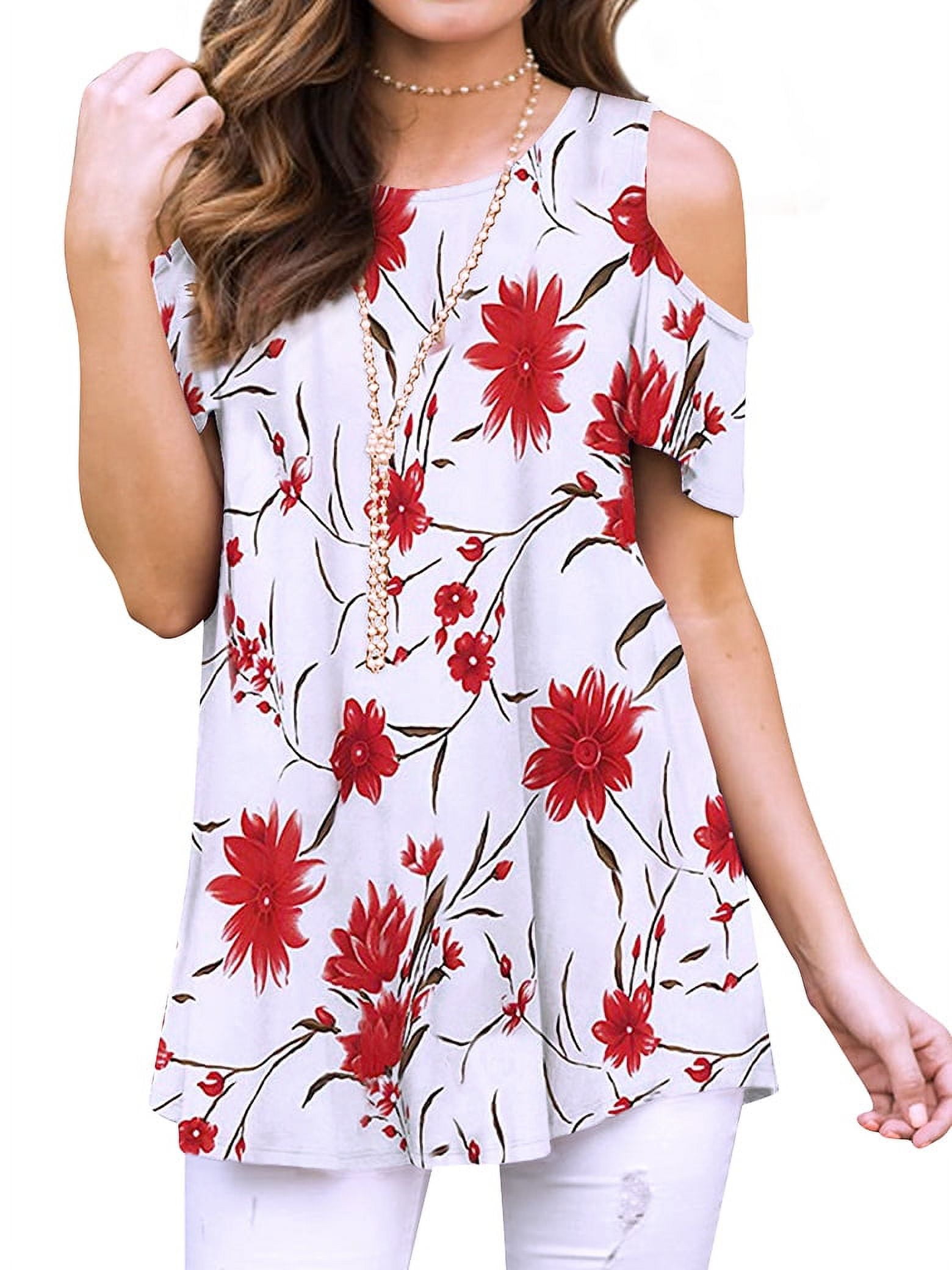 Hebili Women Floral Paisley Print Summer T Shirts Cold Shoulder Tunic ...