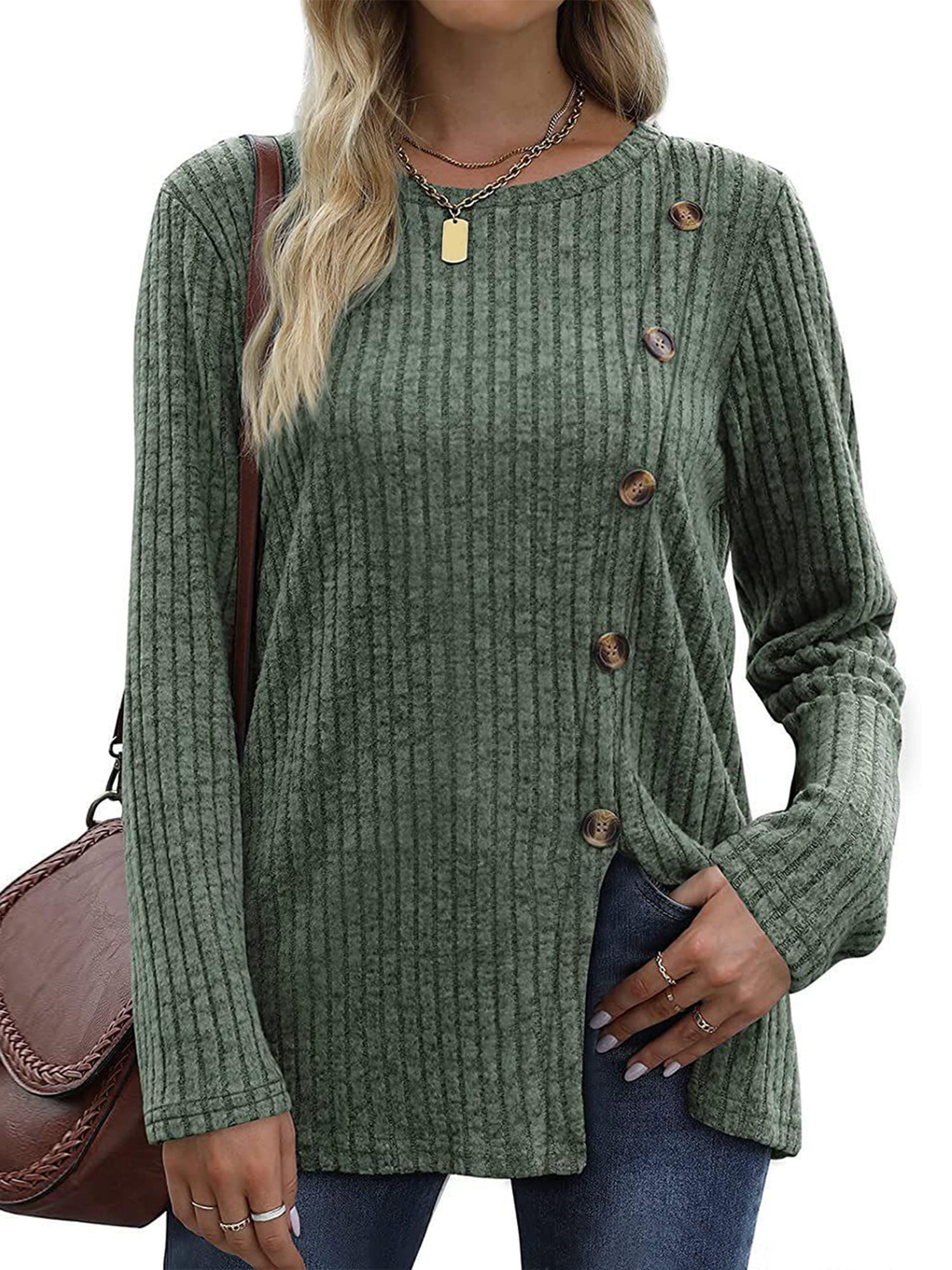 Hubery Women Long Sleeve Crew Neck Tunic Tops Buttons Side Fall Ribbed ...