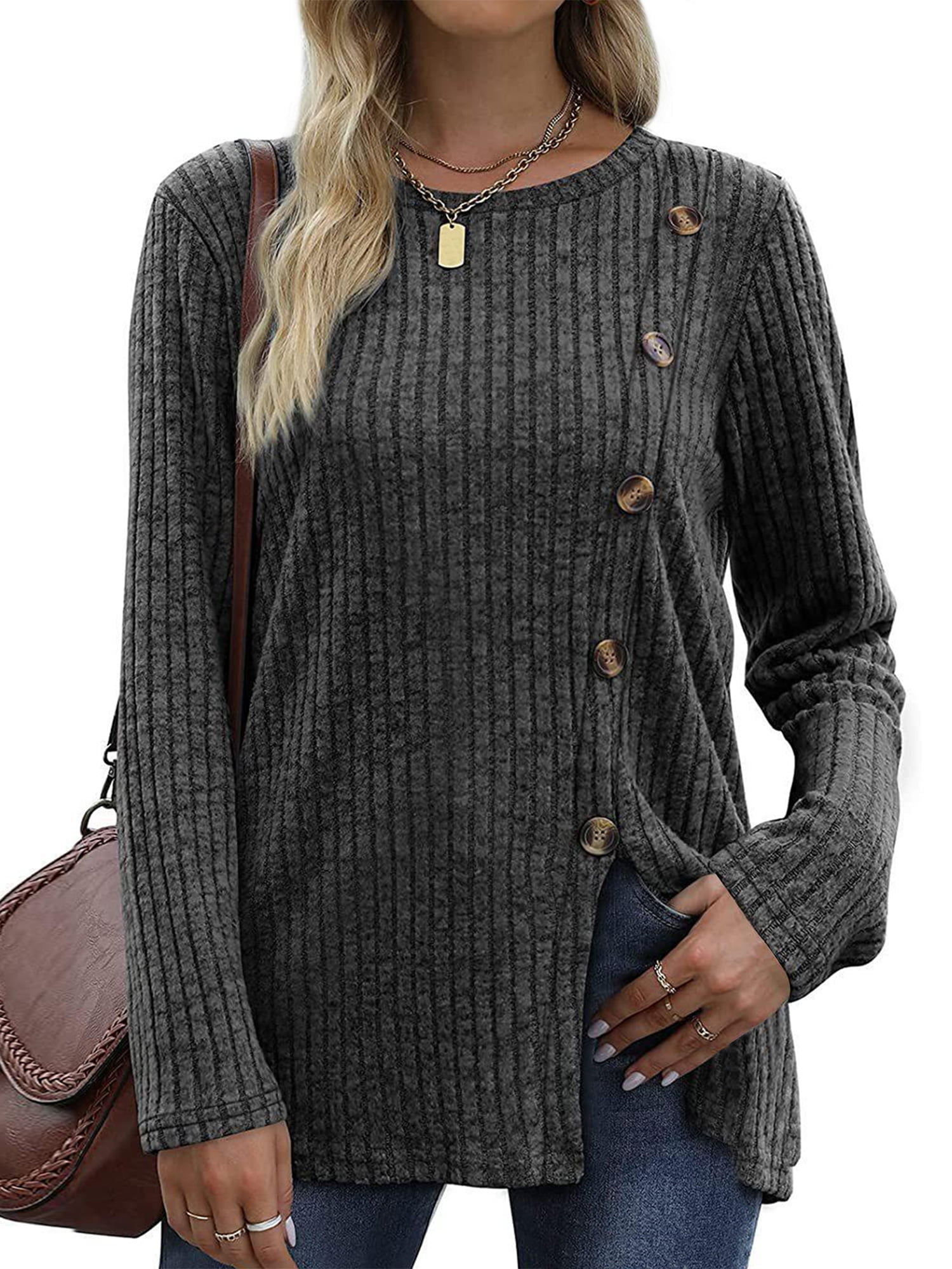 Hubery Women Long Sleeve Crew Neck Tunic Tops Buttons Side Fall Ribbed ...