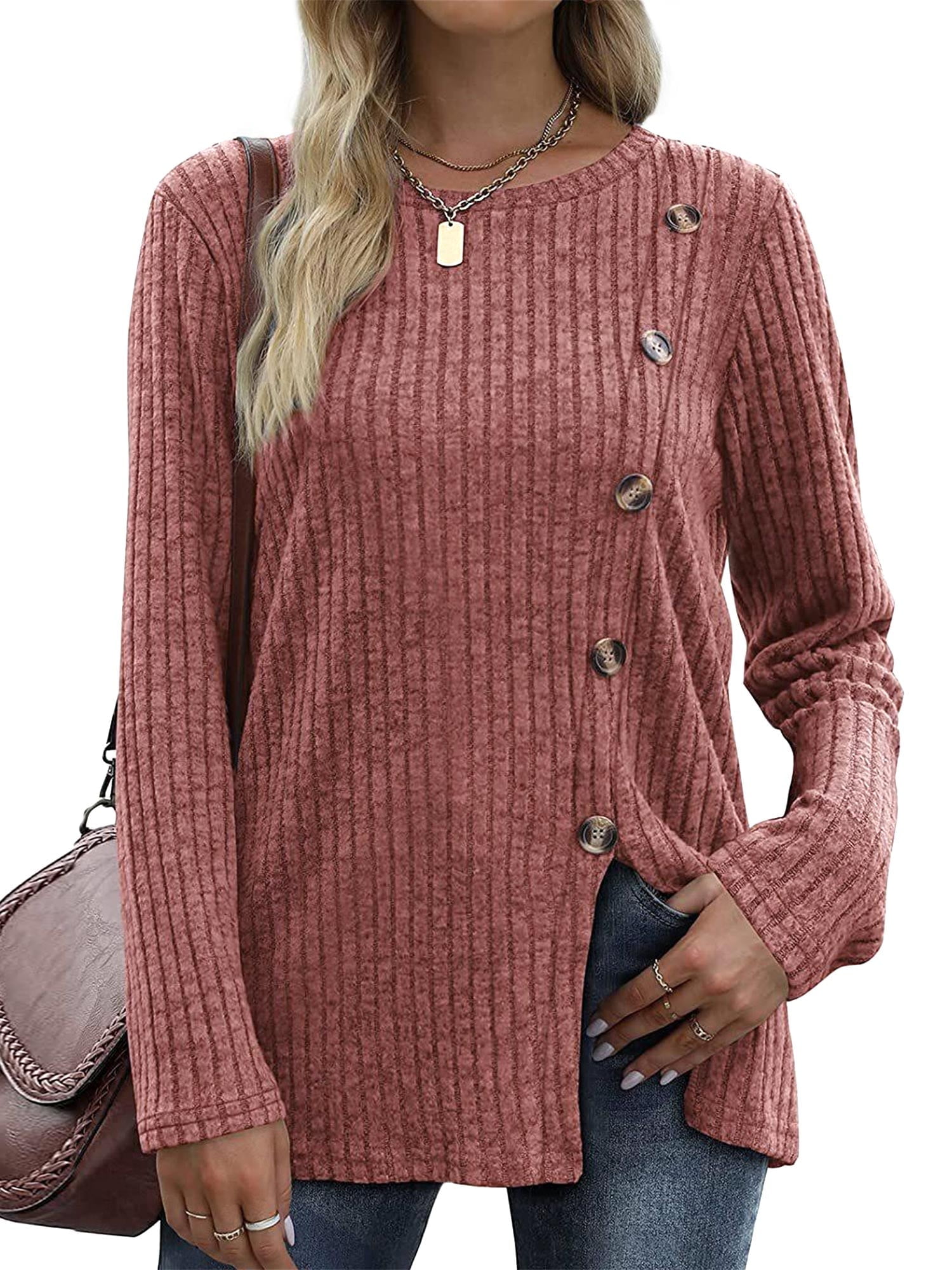 Hubery Women Long Sleeve Crew Neck Tunic Tops Buttons Side Fall Ribbed Knit Shirts - Walmart.com