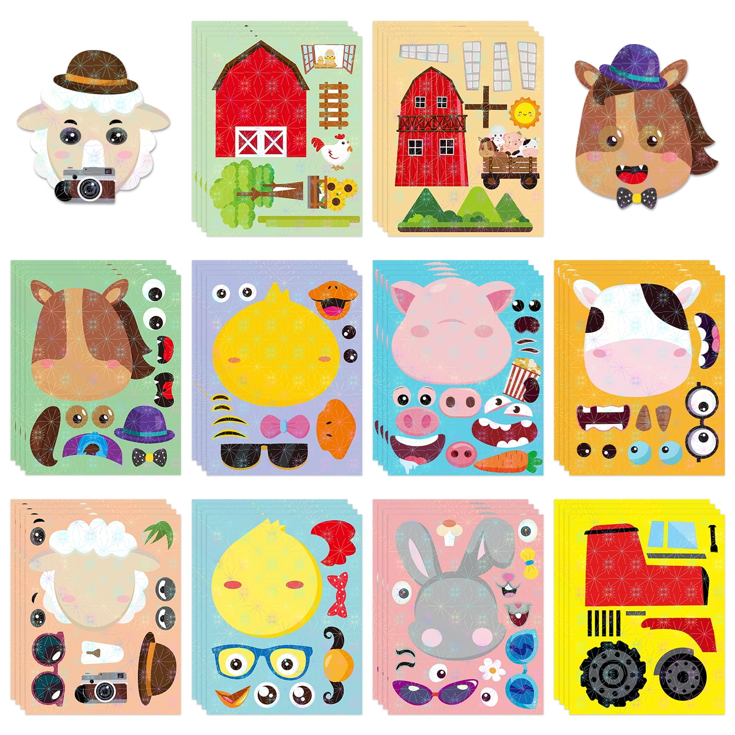HubirdSall 40Pcs Farm Animals Make-a-Face Holographic Sticker Make Your ...