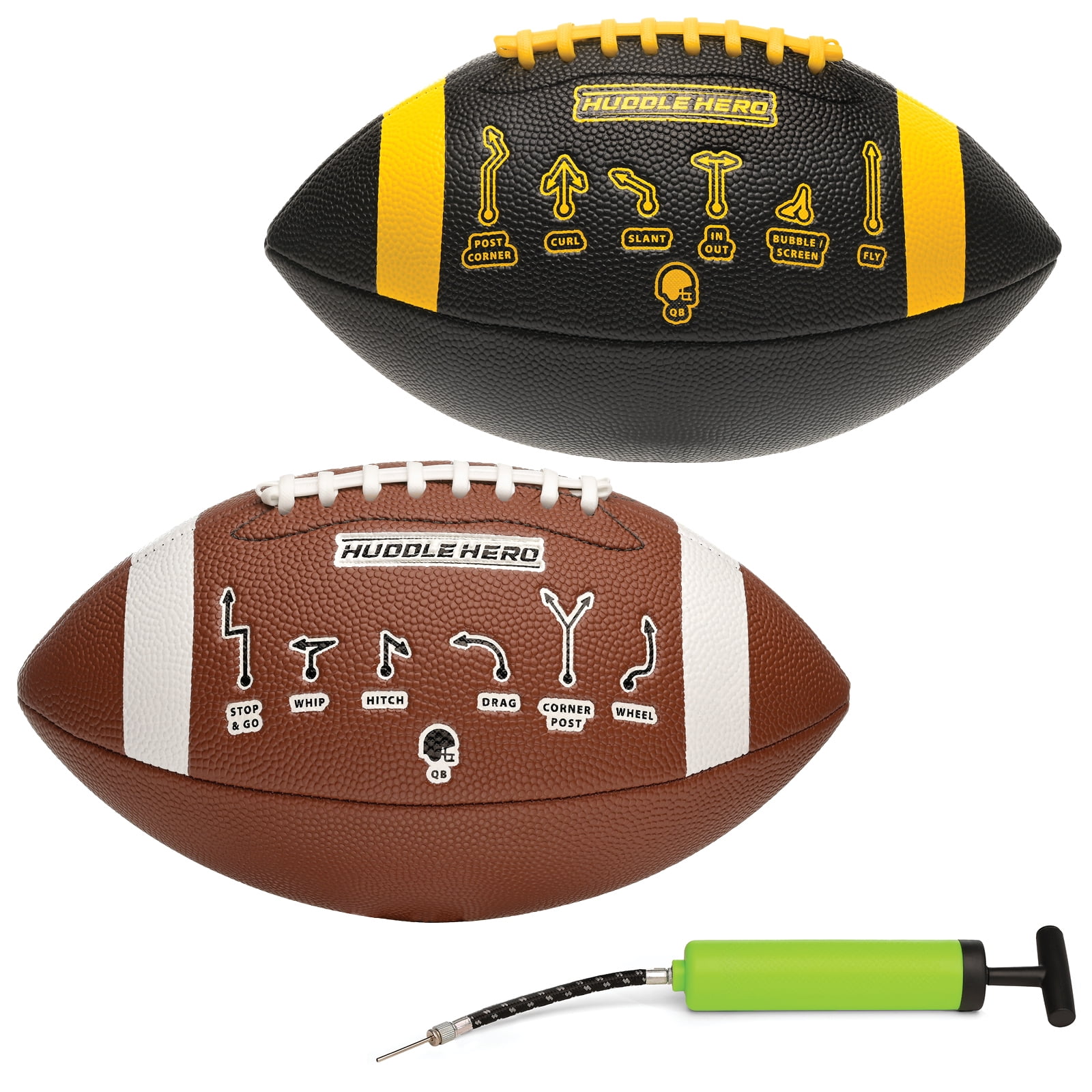 Huddle Hero Mini Football 2-Pack w/ Pump (Black/Green and Brown/White ...