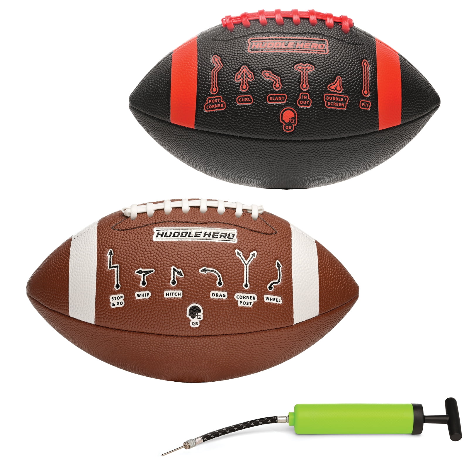 Huddle Hero Mini Football 2-Pack w/ Pump (Black/Green and Brown/White ...