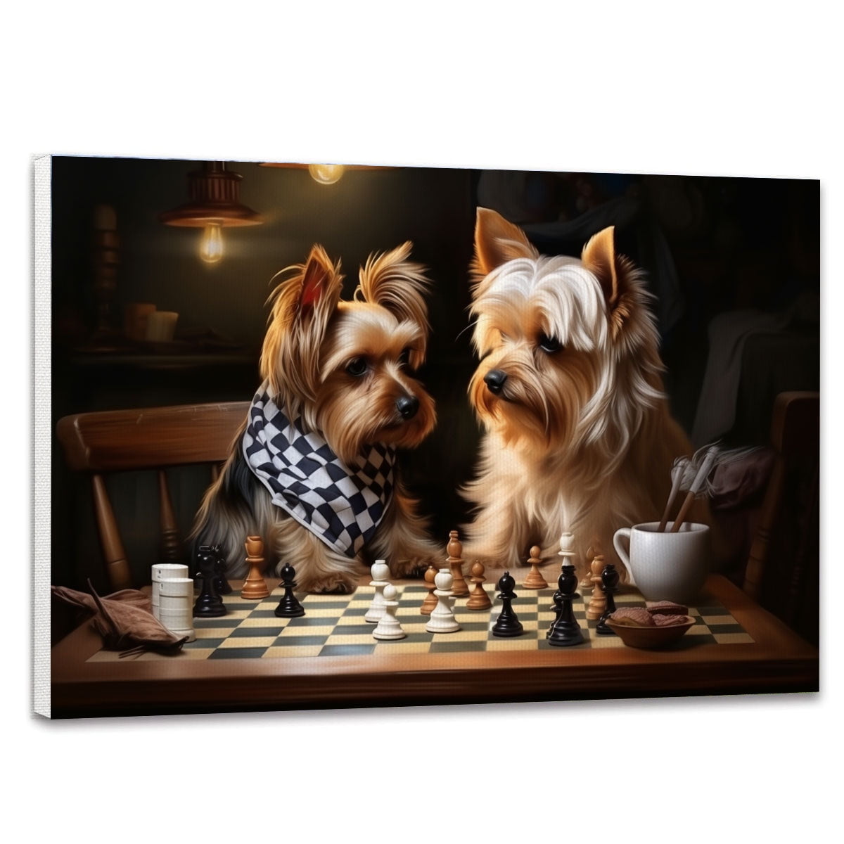 Hudo Canvas Wall Art - Dogs Playing Chess Canvas - Biewer Terrier Dog ...