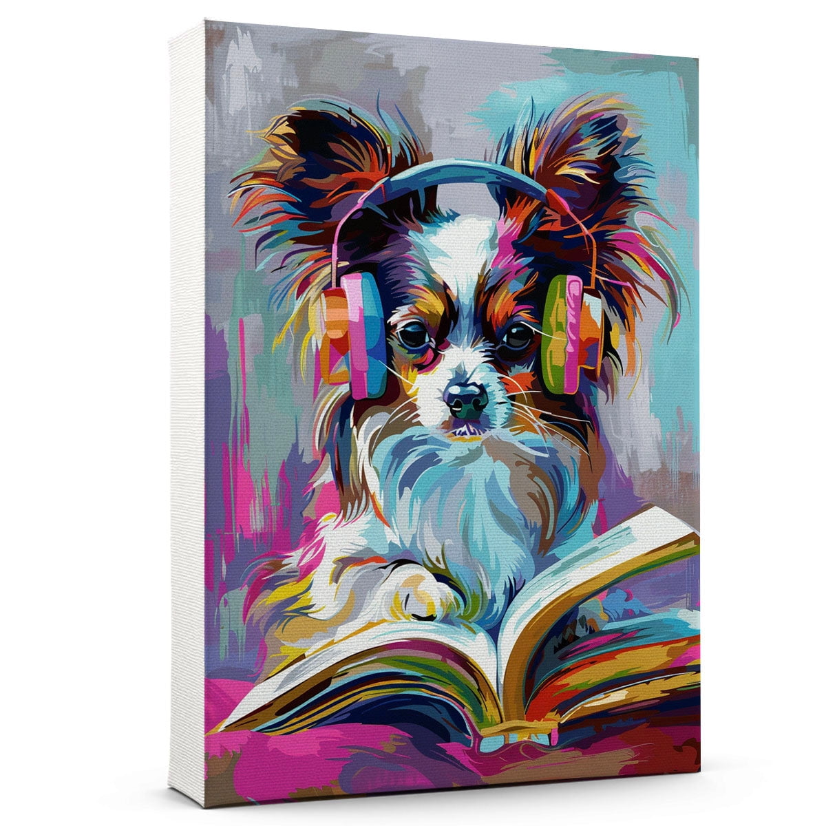 Hudo Papillon Dog read Book Painting Wall Art, Cute dog Headphones ...