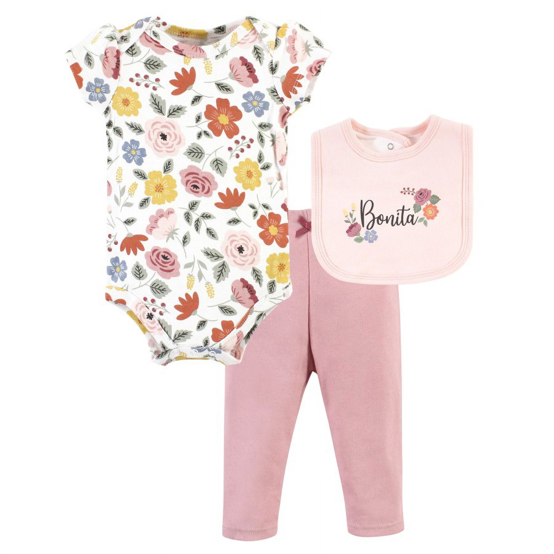 Hudson Baby Girl Bonita Bodysuit Pant and Bib Set Pink Cotton (Newborn ...