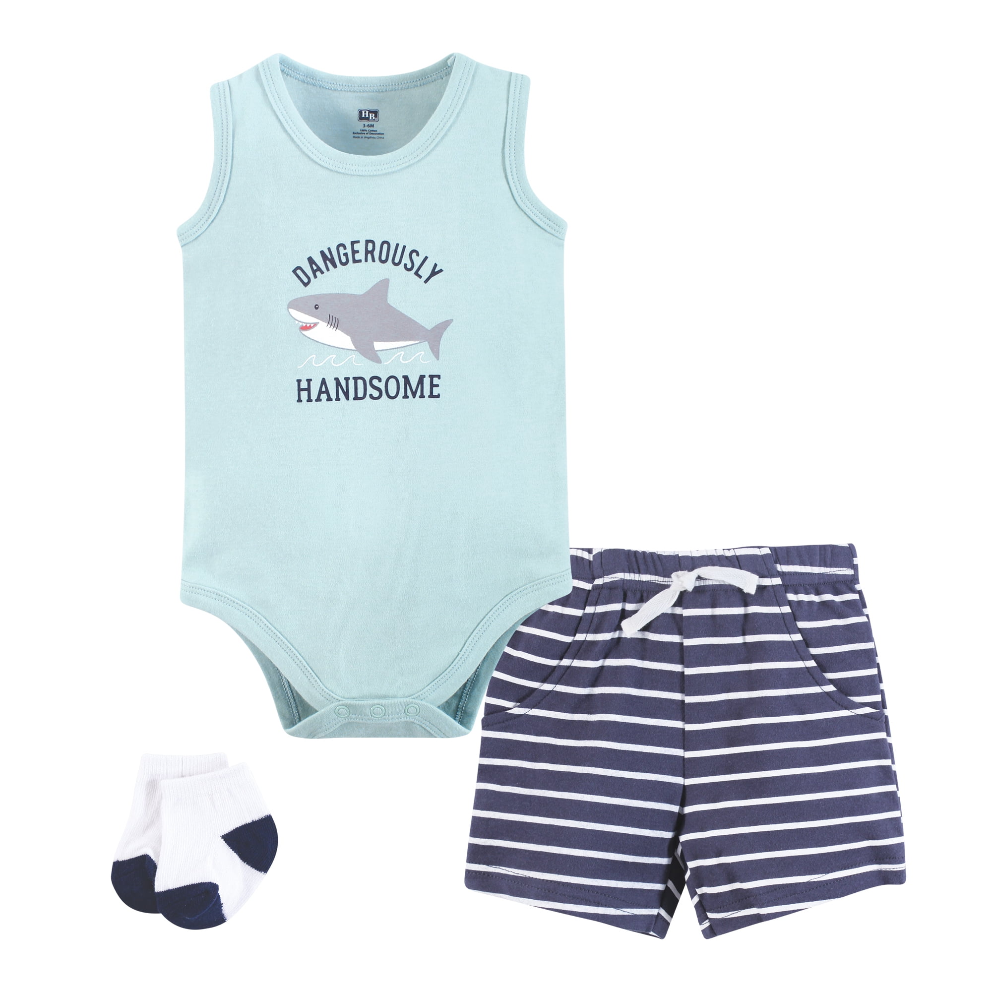 Hudson Baby Infant Boys Bodysuit, Short and Sock, Handsome Shark, 0-3 ...