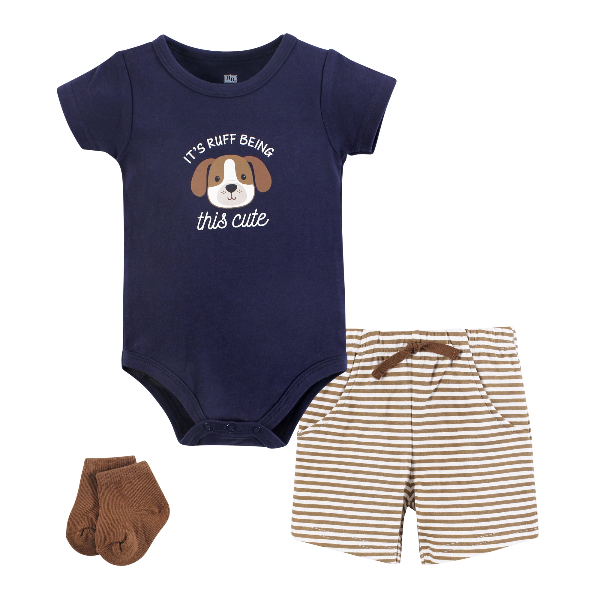 Hudson Baby Infant Boys Bodysuit, Short and Sock, Ruff Being Cute Dog ...