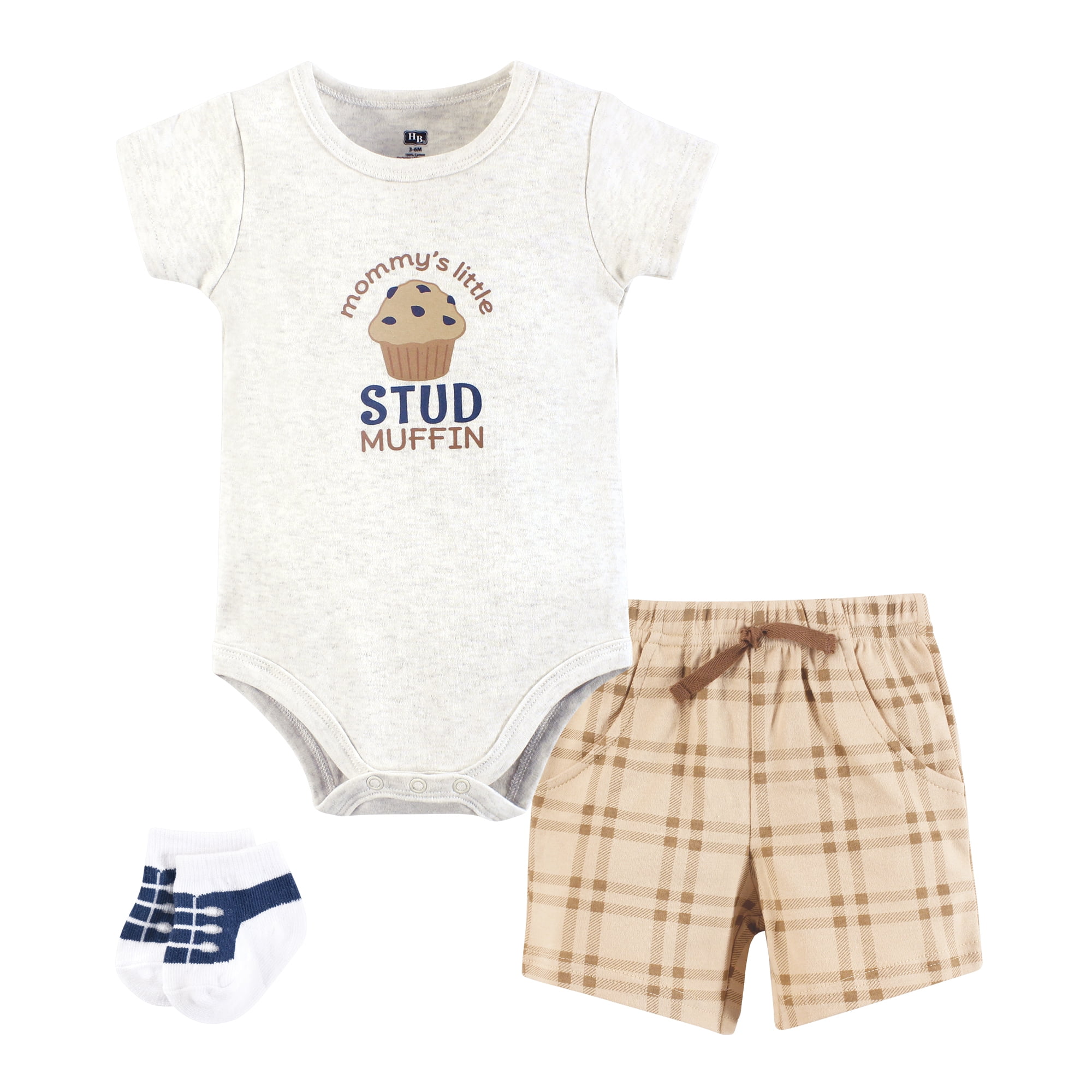 Hudson Baby Infant Boys Bodysuit, Short and Sock, Stud Muffin, 0-3 ...