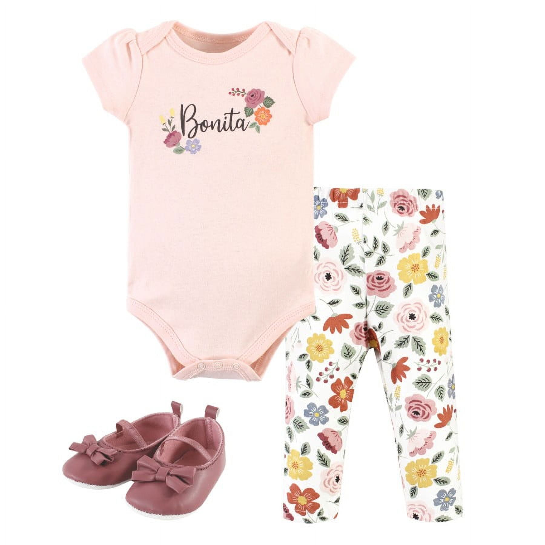 Hudson Baby Infant Girl Cotton Bodysuit, Pant and Shoe Set, Bonita ...