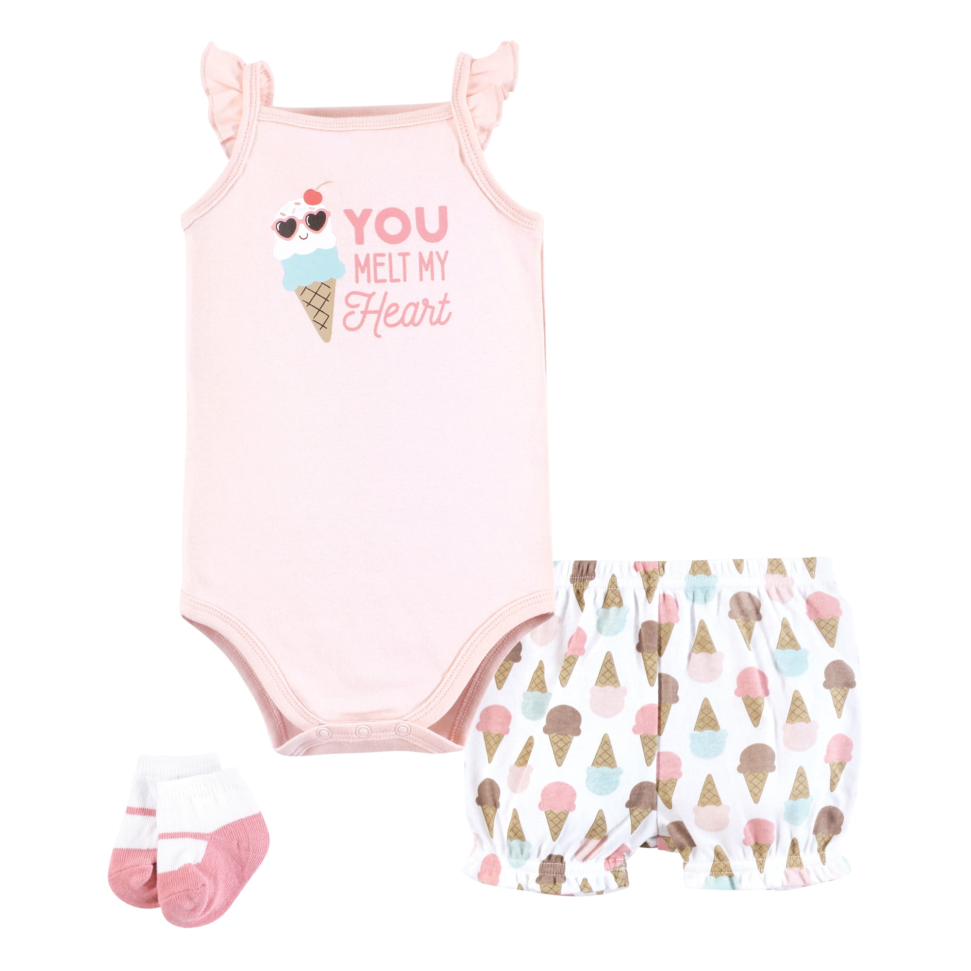 Hudson Baby Infant Girls Bodysuit, Short and Sock, Melt My Heart Ice ...