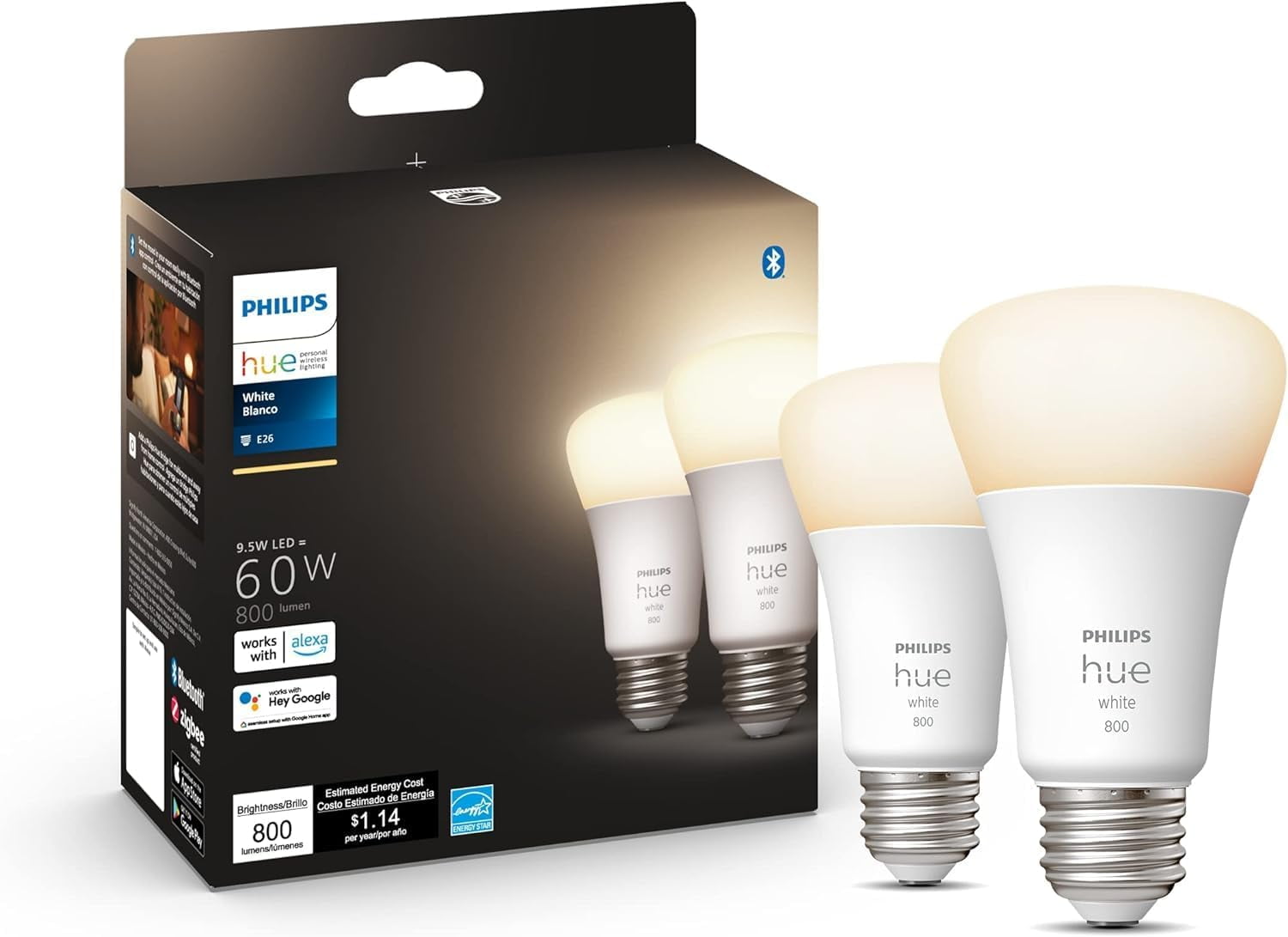 Hue Smart 60W A19 LED Bulb - Soft Warm White Light - 2 Pack - 800LM ...