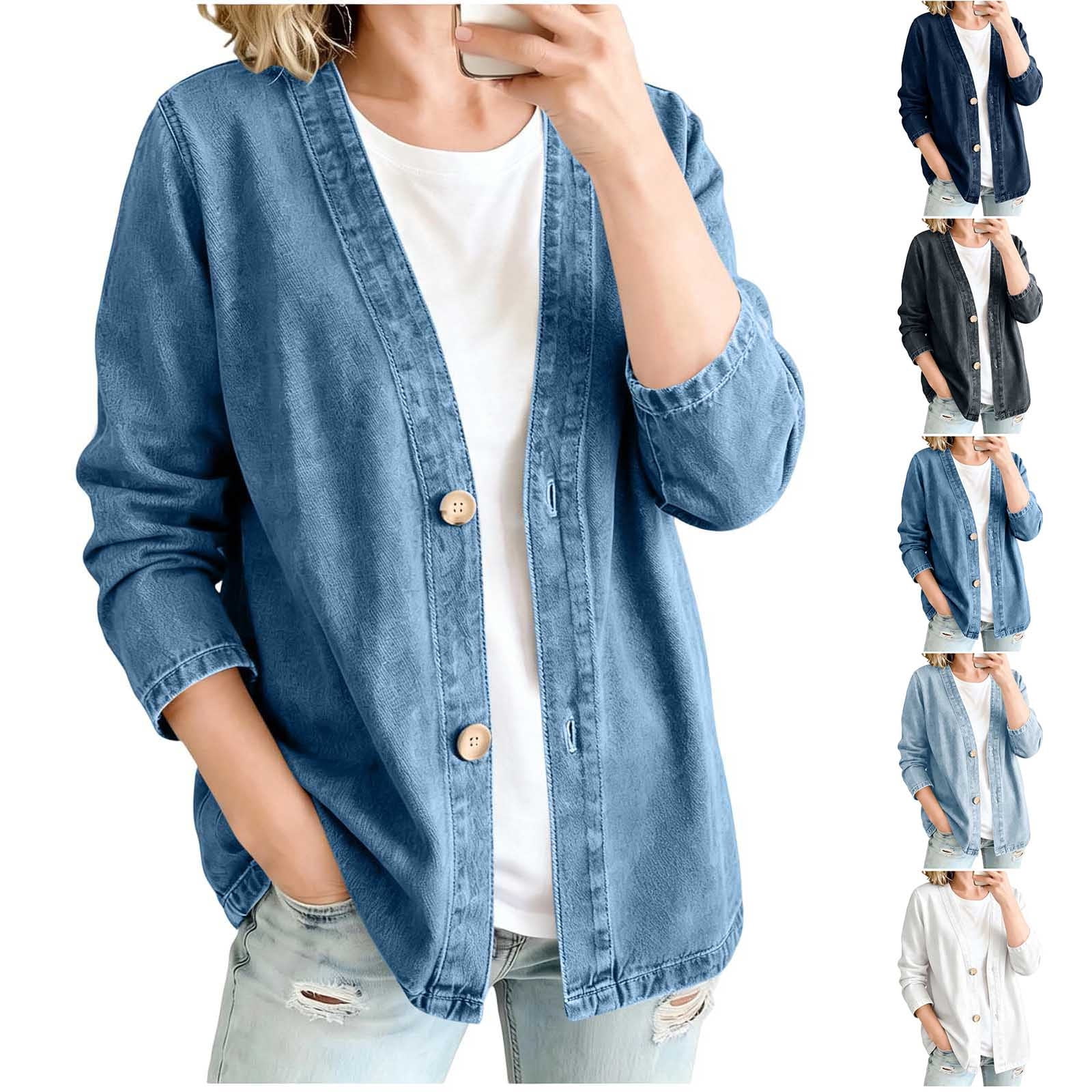 Hueook Loose Fit Denim Jacket for Women Relaxed Shaket Classic Cardigan ...