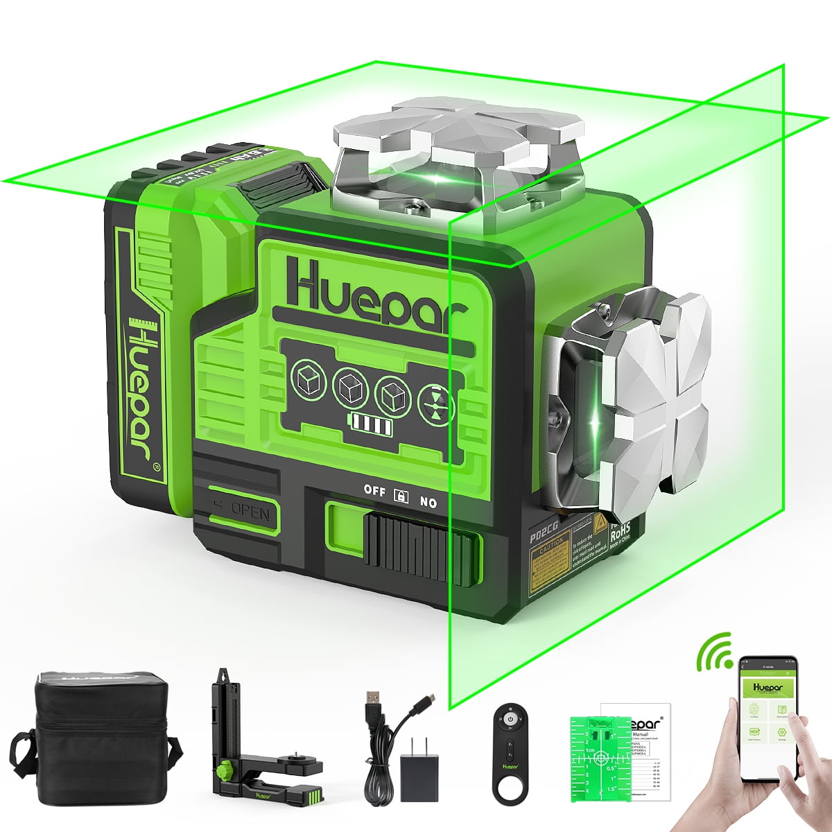 Free Shipping! Huepar 2 x 360 Cross Line Laser Level Green Beam Self ...