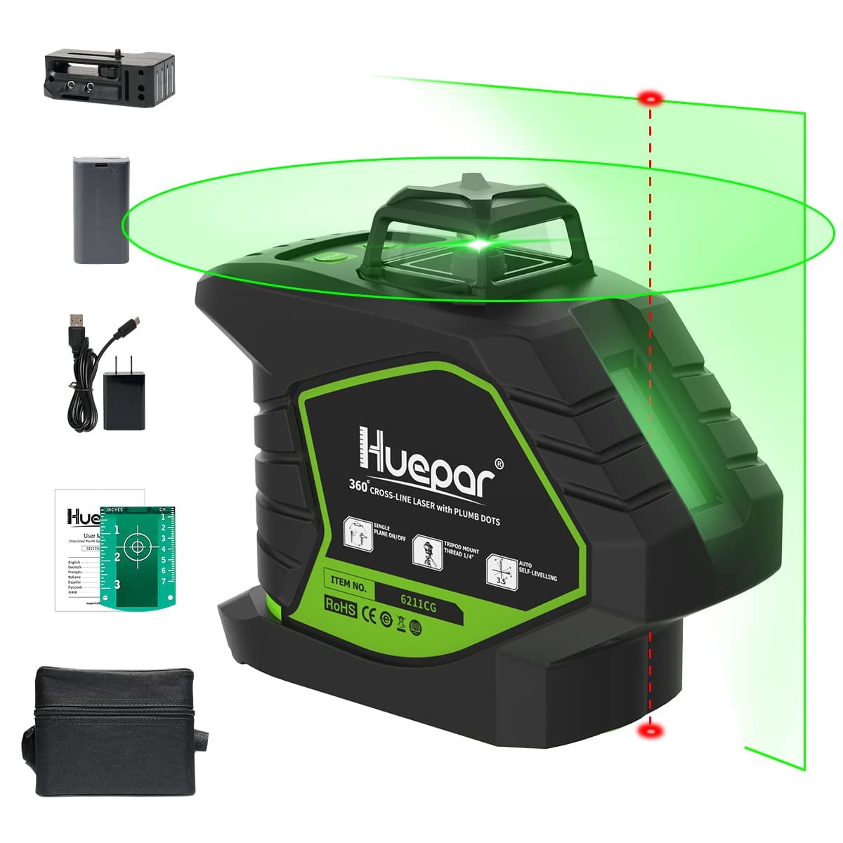 Huepar 360° Self-Leveling Green Beam Laser Leveler, 2 Plumb Dots ...