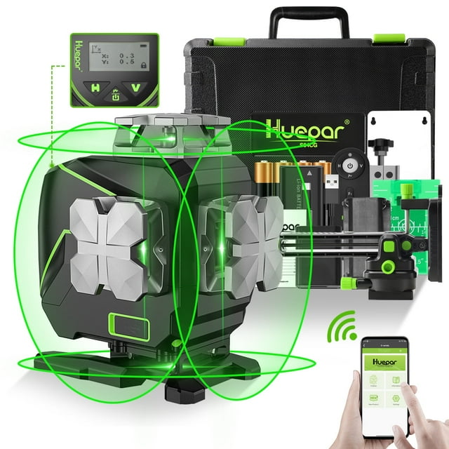Huepar 4D 16 Lines Laser Level, 4 x 360° Green Beam, Self-Leveling, LCD & Bluetooth S04CG ...