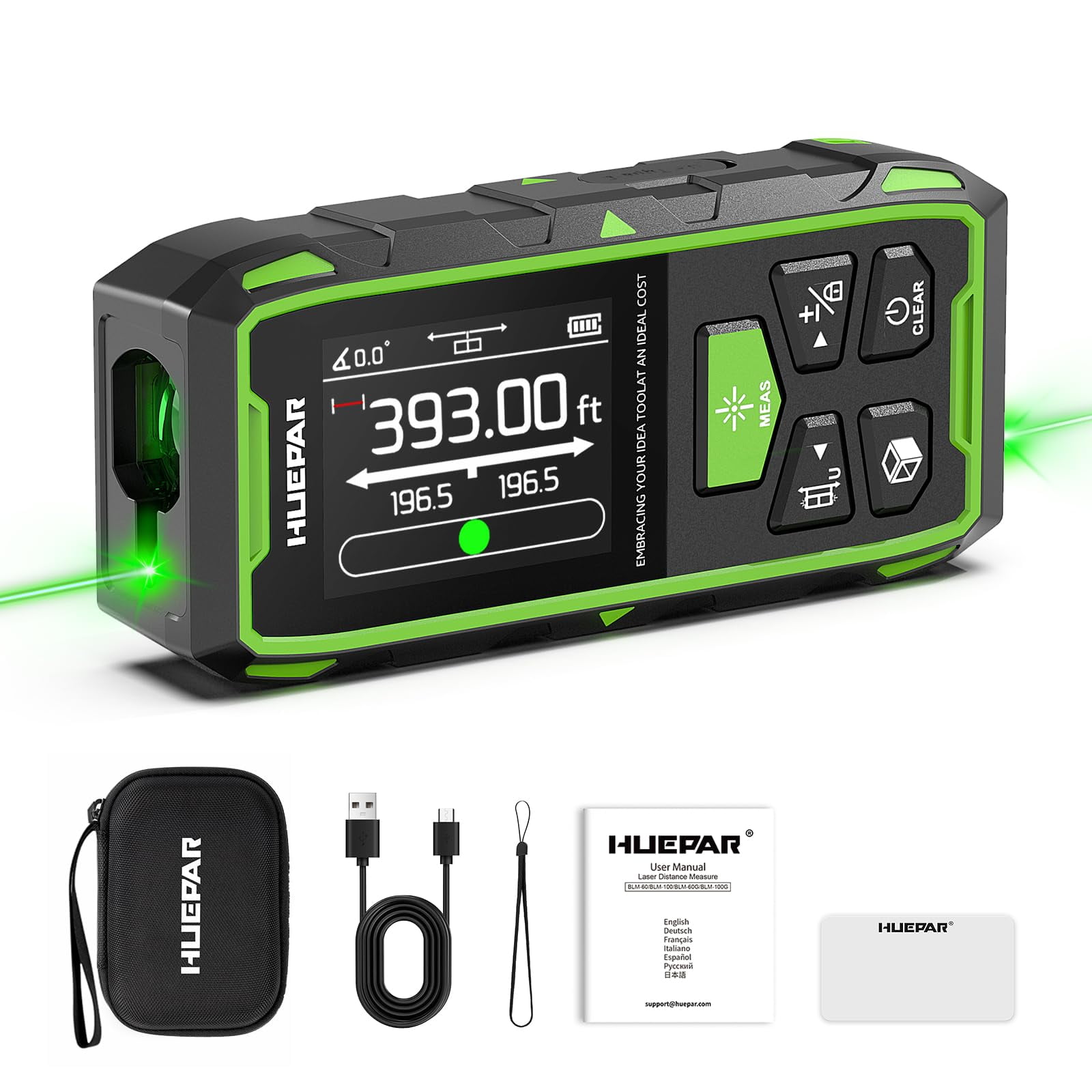 Huepar Dual Laser Measuring Tool, 393Ft Green-Beam Bilateral Laser ...