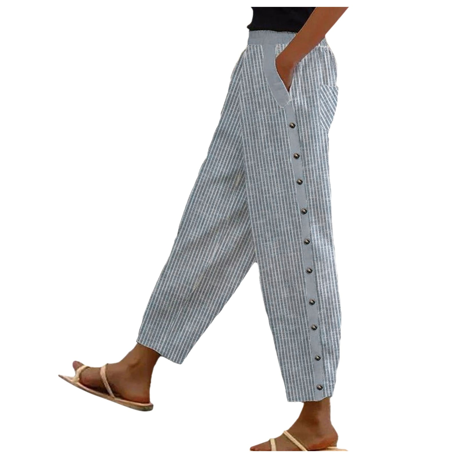 Huesdet 2024 Cotton Linen Pants Women Summer Elastic Waist Crop Pants