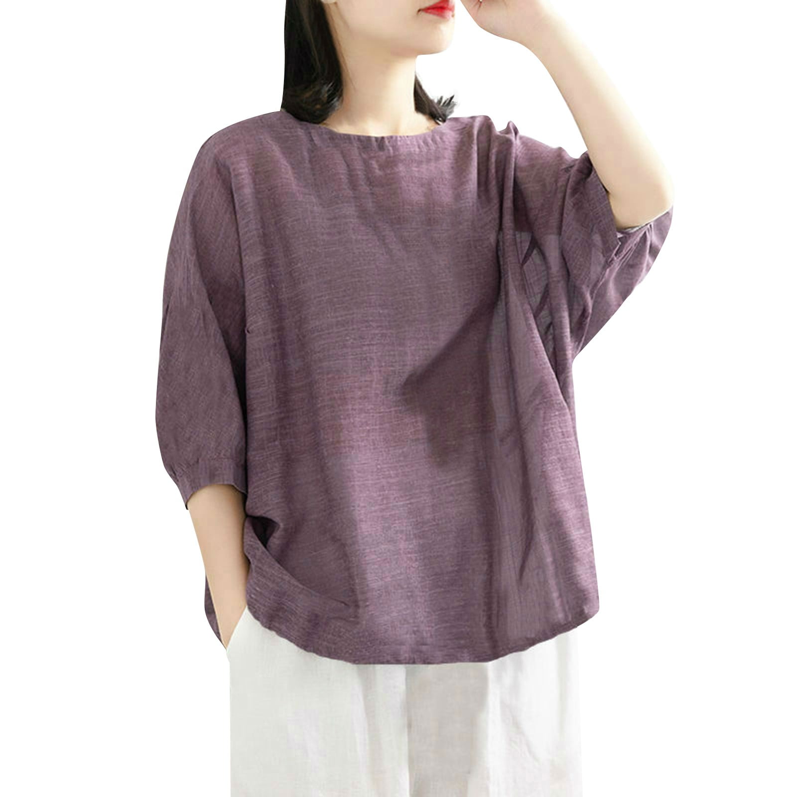 Huesdet 3/4 Sleeve Tops for Women Trendy Lightweihgt Cotton Linen ...