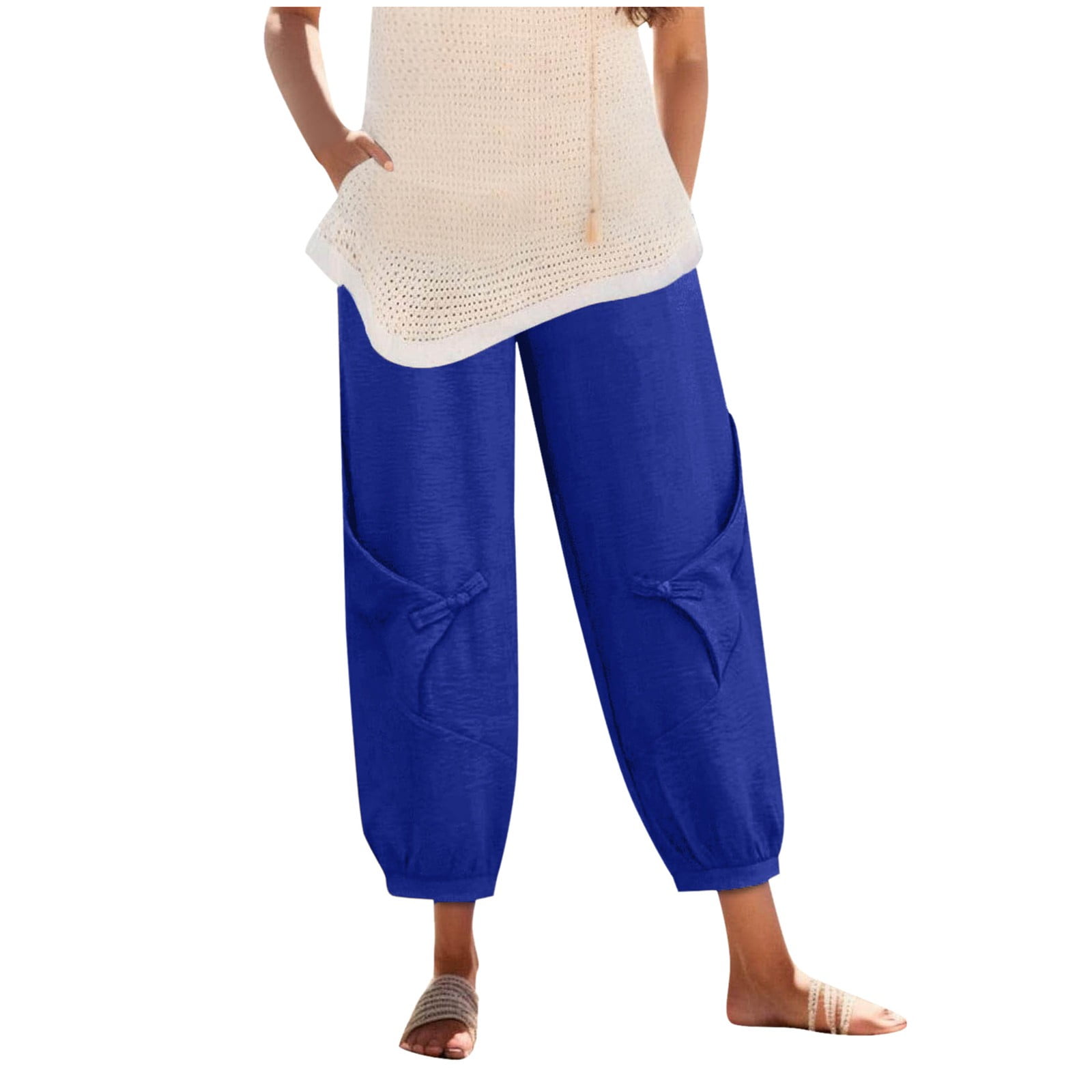 Huesdet Linen Pants Women Comfy Flowy Wide Leg Pants Summer Baggy High
