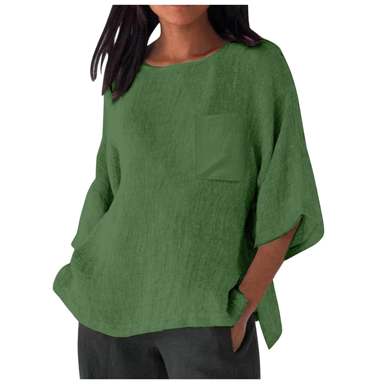 Huesdet Linen Shirts for Women Summer Cotton Linen Crewneck Blouses ...