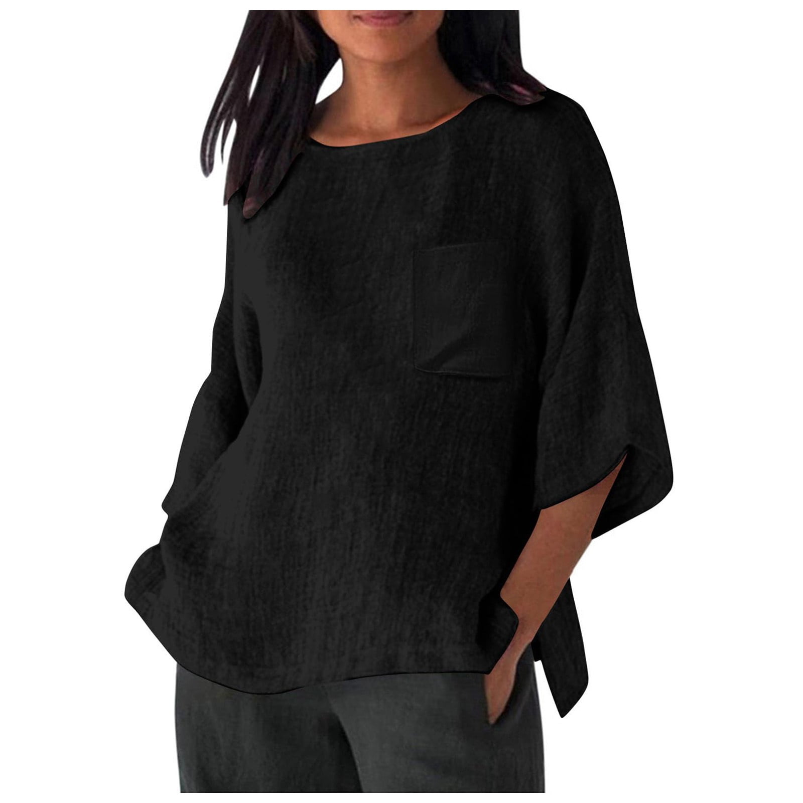 Huesdet Linen Shirts for Women Summer Cotton Linen Crewneck Blouses ...