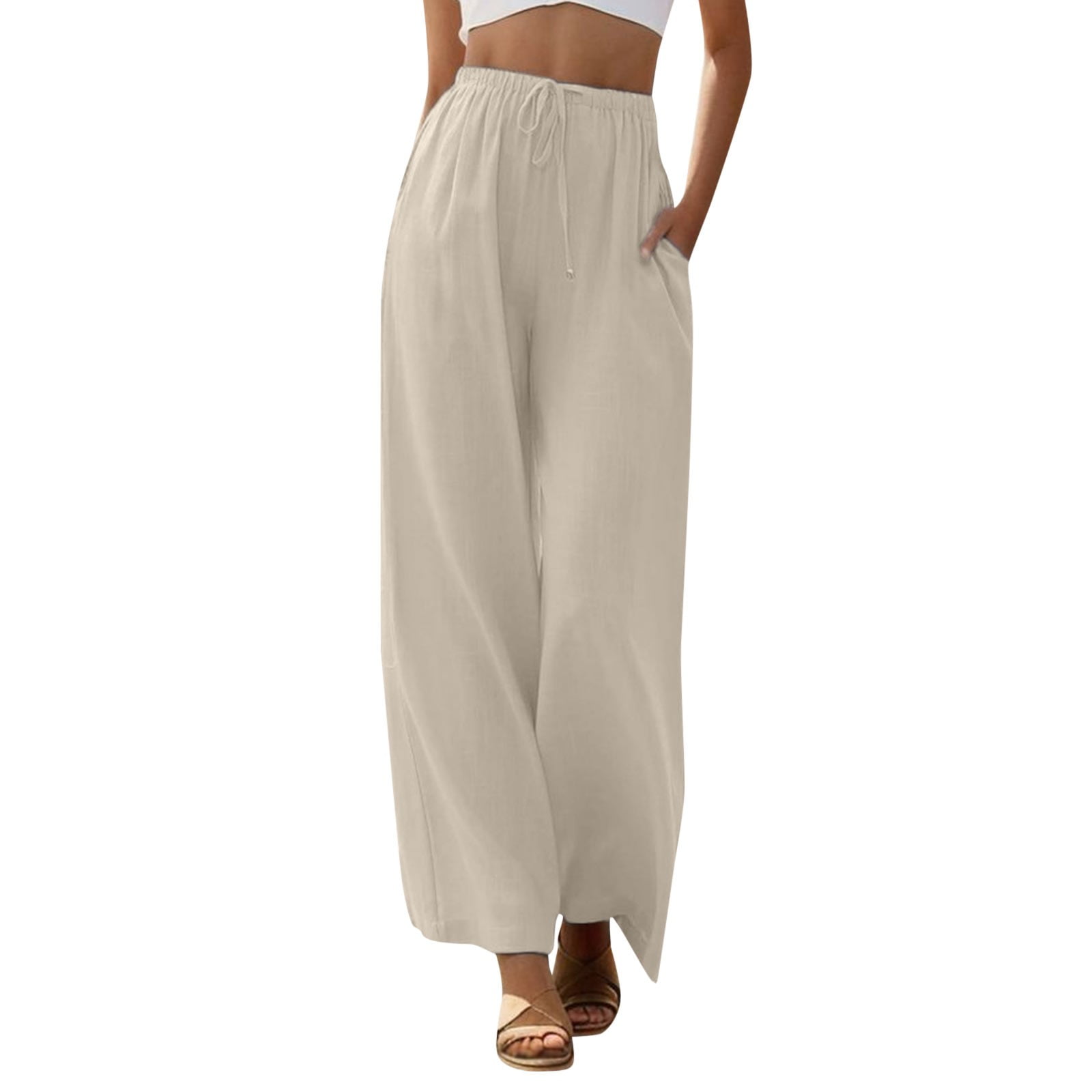 Huesdet Women Cotton Linen Pants Wide Leg High Waist Flowy Summer Beach