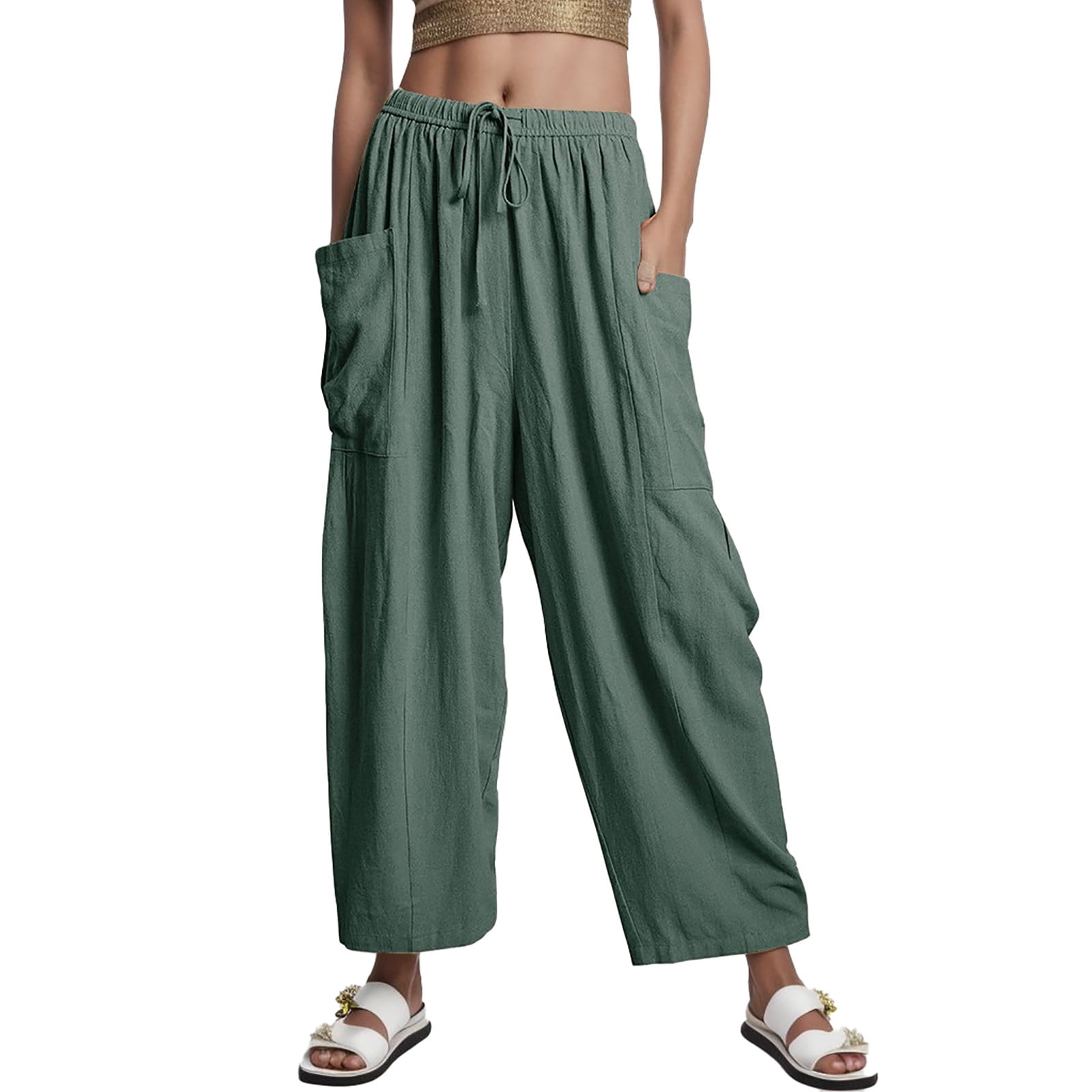 Huesdet Women Linen Palazzo Pants Summer Wide Leg High Waisted Casual ...