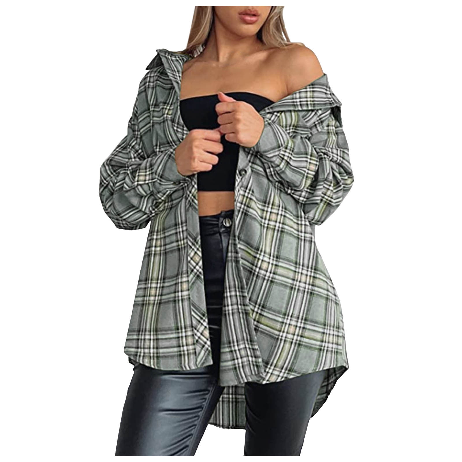 Huesdet Women's Button Up Flannel Shirts Plaid Shacket Long Sleeve ...
