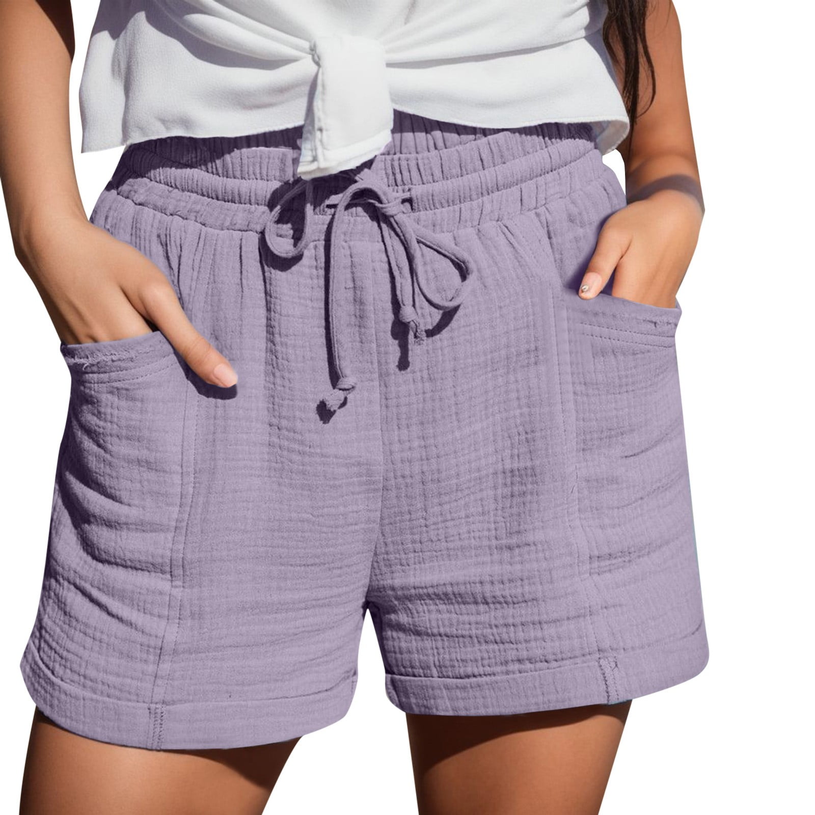 Huesdet Women's Pocket Shorts, Drawstring Cotton Shorts(Purple,L ...