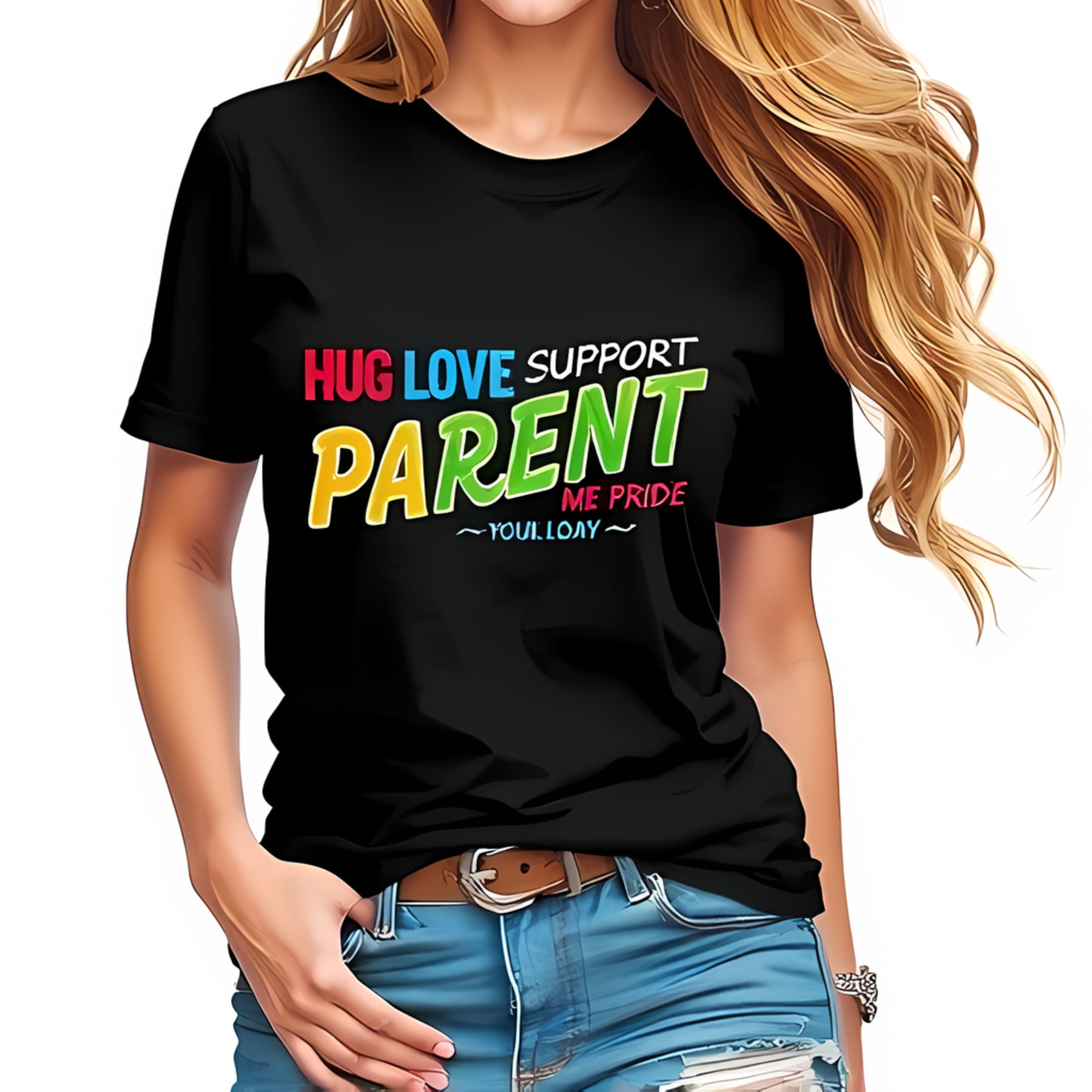 Hug Love Support Parent Me Pride Black Cotton T-Shirt with Rainbow ...
