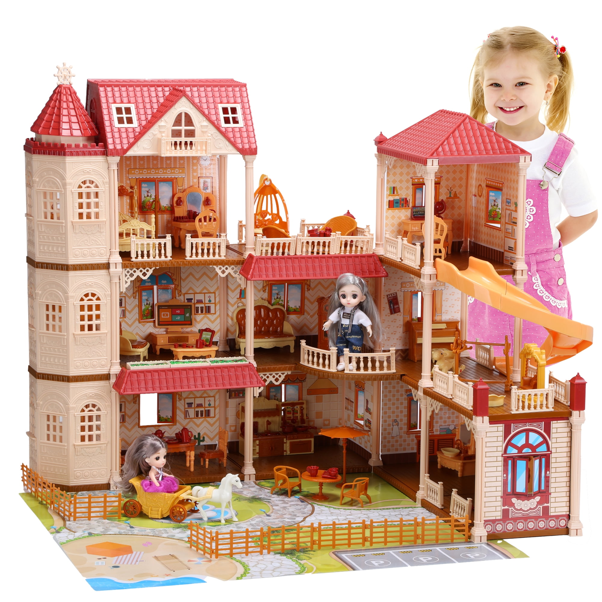 Huge Castle Style Dollhouse for Girls with Elevator, 2 Dolls, 388 Pcs ...