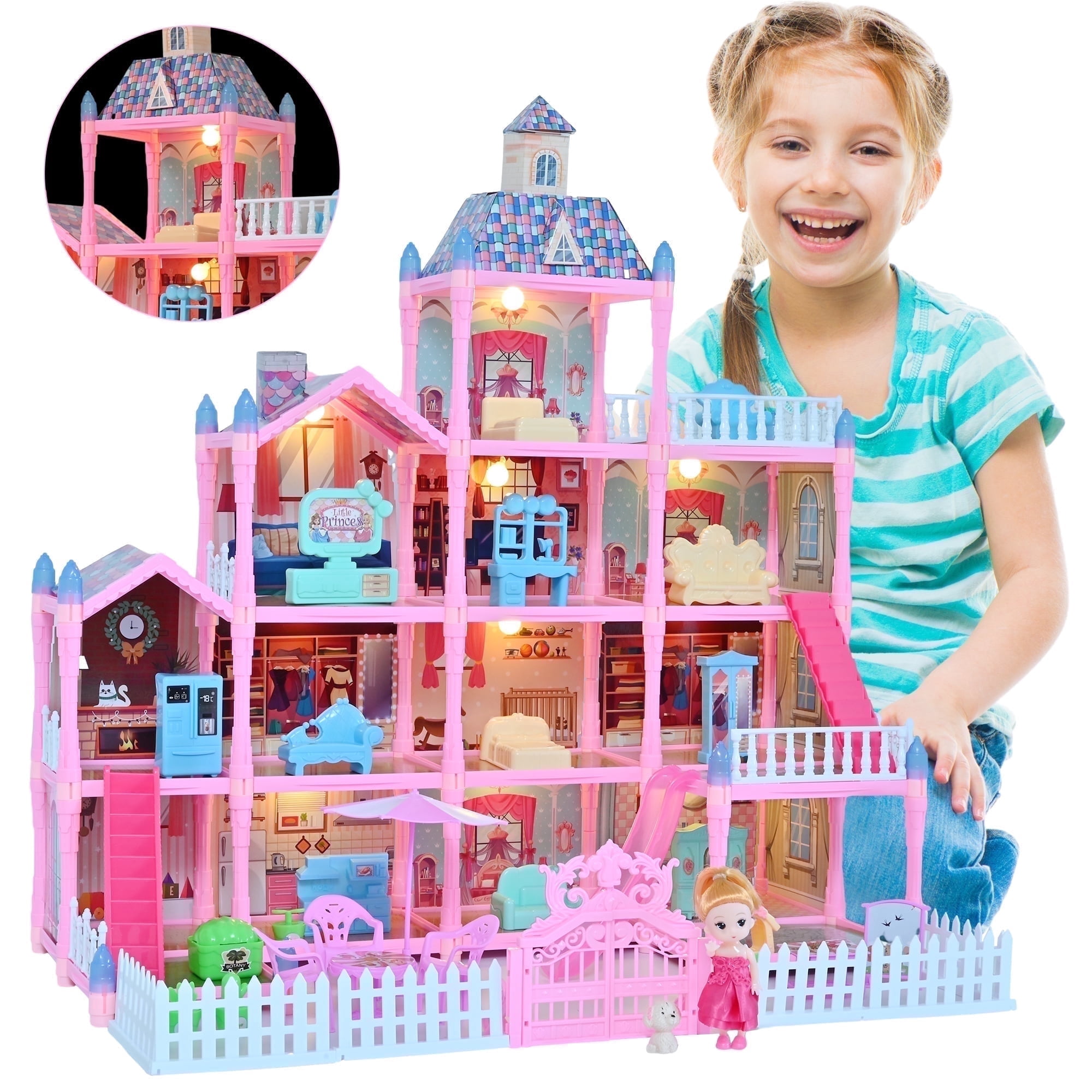 TOPFOX Doll House Outdoor Furniture Playhouse with 12 Rooms LED Lights ...