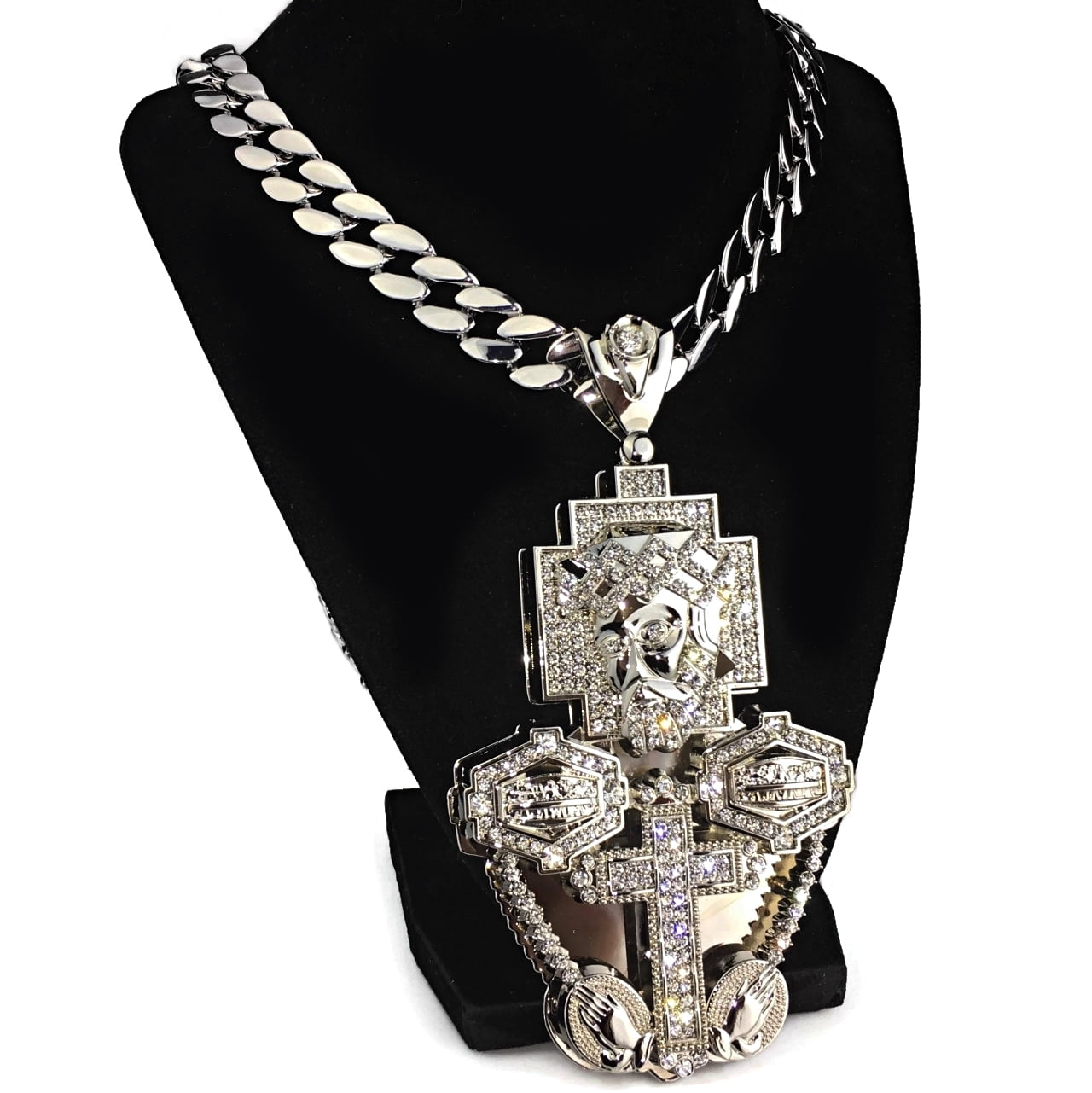Huge Pendant Necklace with 3D Combo Cross, Silver Finish, 33 Inch Cuban ...