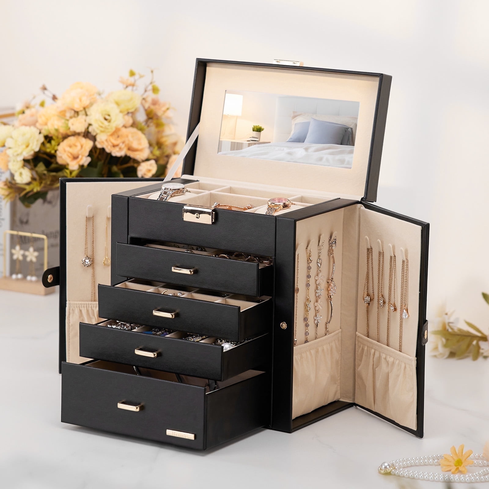 VigorPro Huge Jewelry Box with Mirror, Lockable Synthetic Leather ...