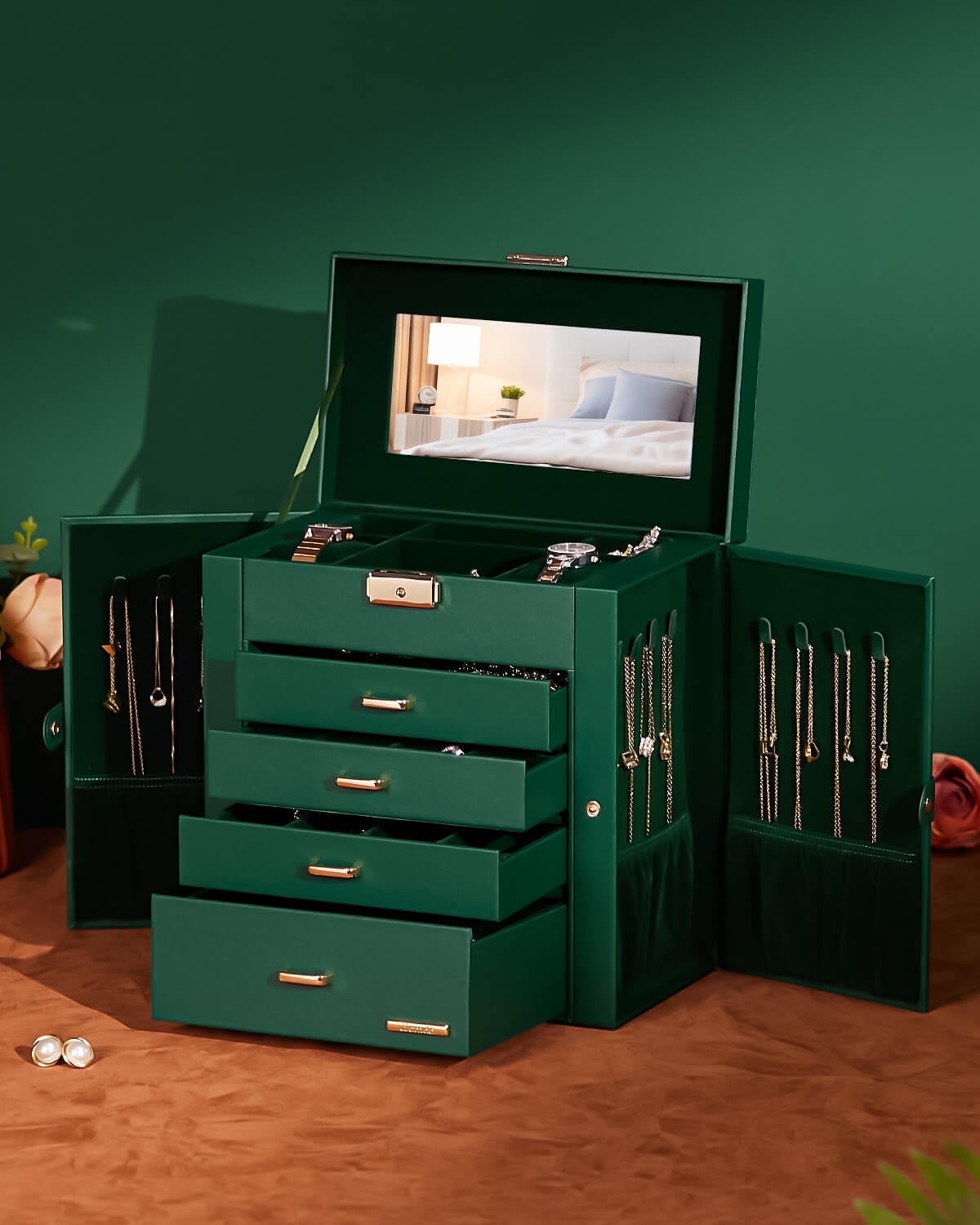 VigorPro Huge Jewelry Box with Mirror, Lockable Synthetic Leather ...