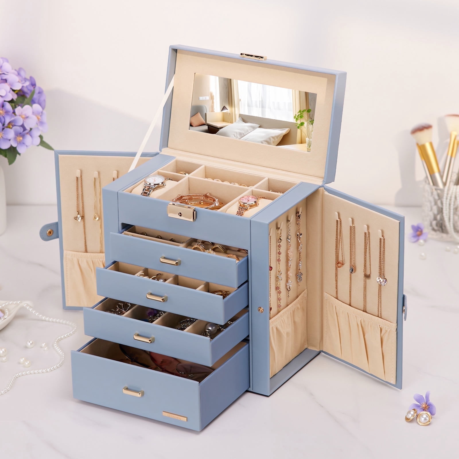 VigorPro Huge Jewelry Box with Mirror, Lockable Synthetic Leather ...